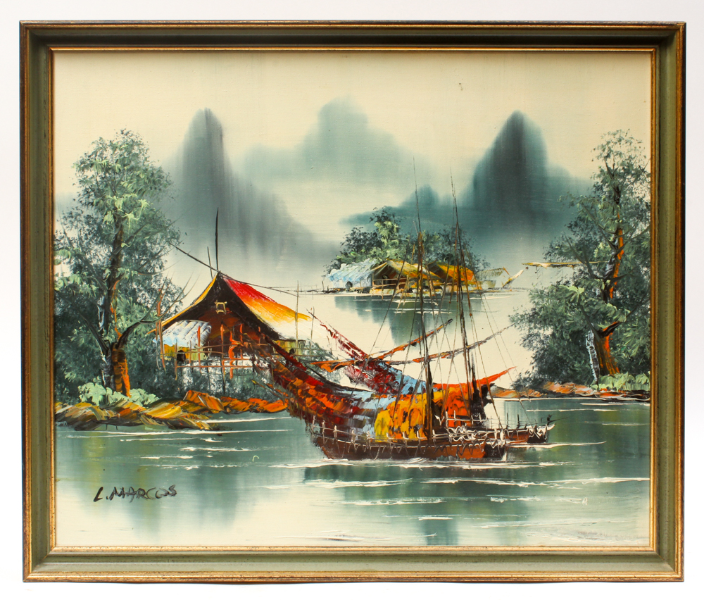 L. Marcos Oil Painting of a Waterfront Scene | EBTH
