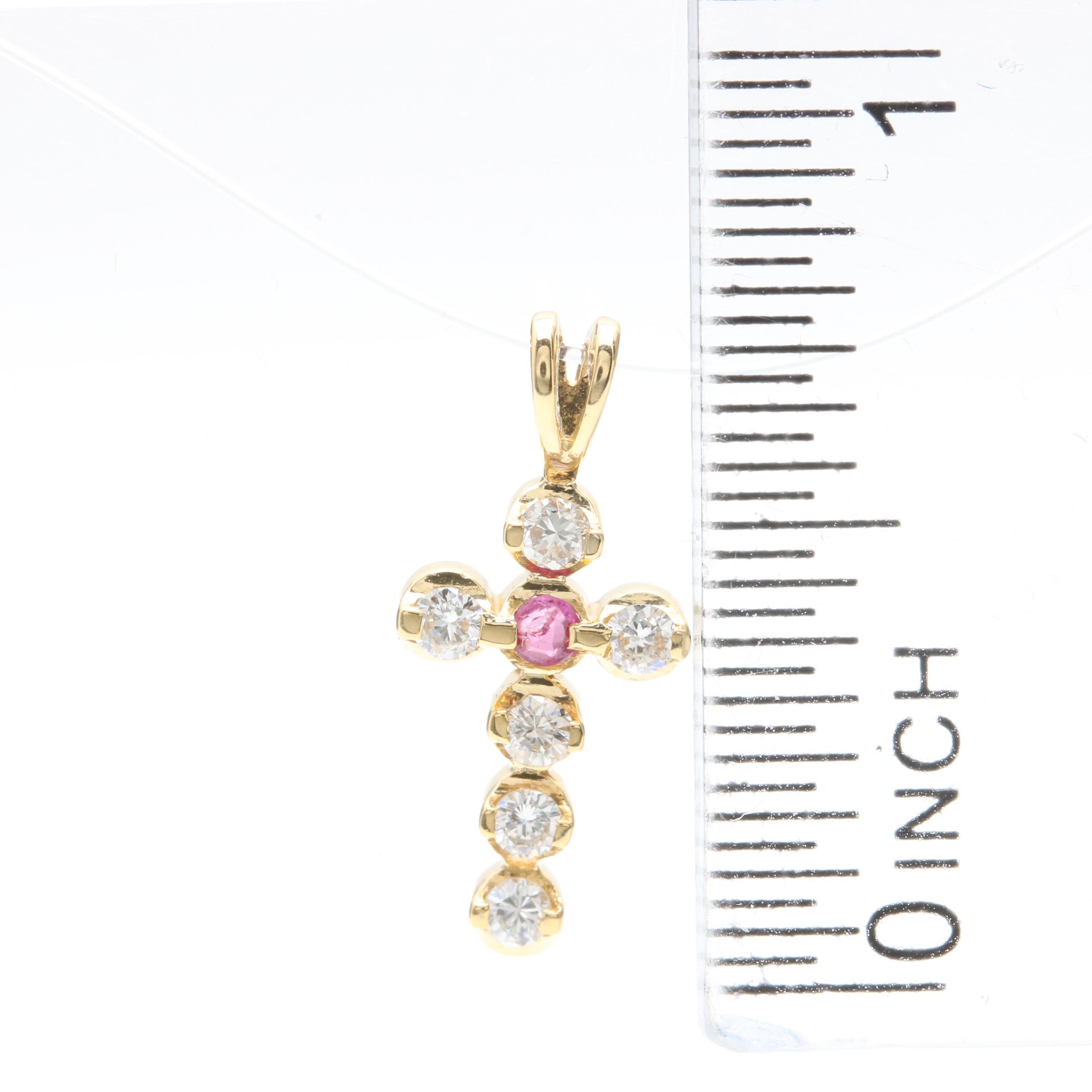 14K Yellow Gold Ruby and Diamond Cross Pendant | EBTH