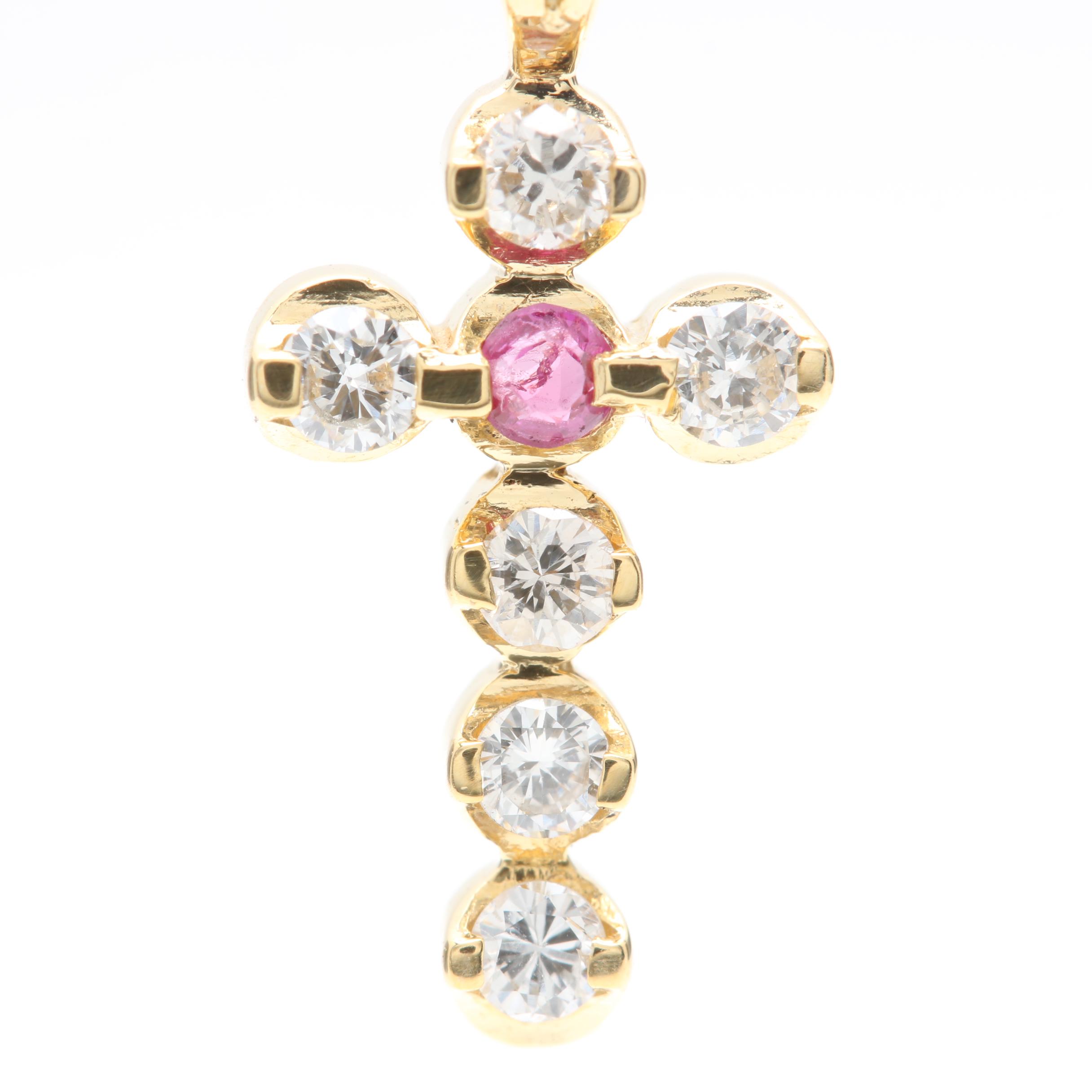 14K Yellow Gold Ruby and Diamond Cross Pendant | EBTH