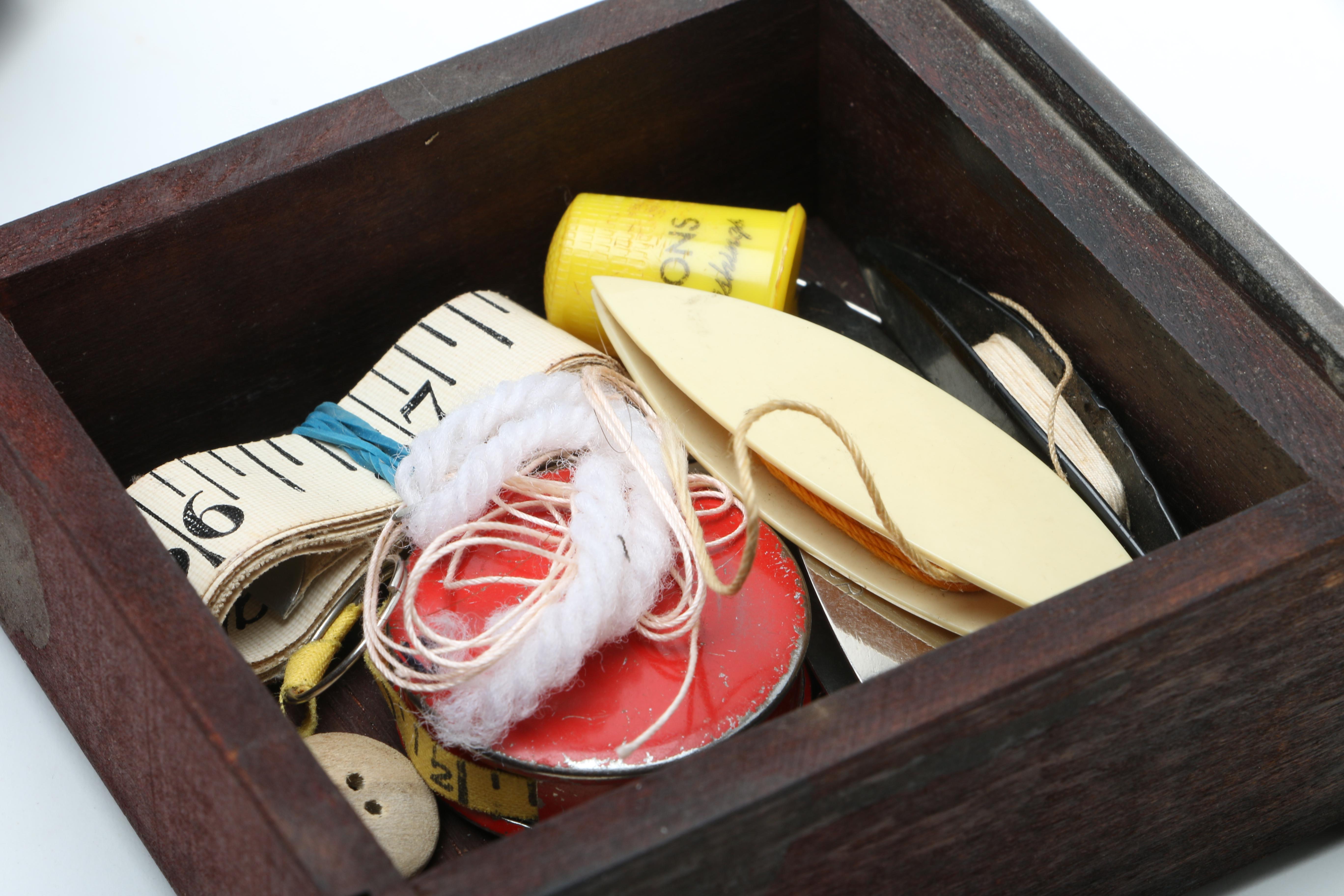 Vintage Table Top Sewing Box with Thread Holders | EBTH