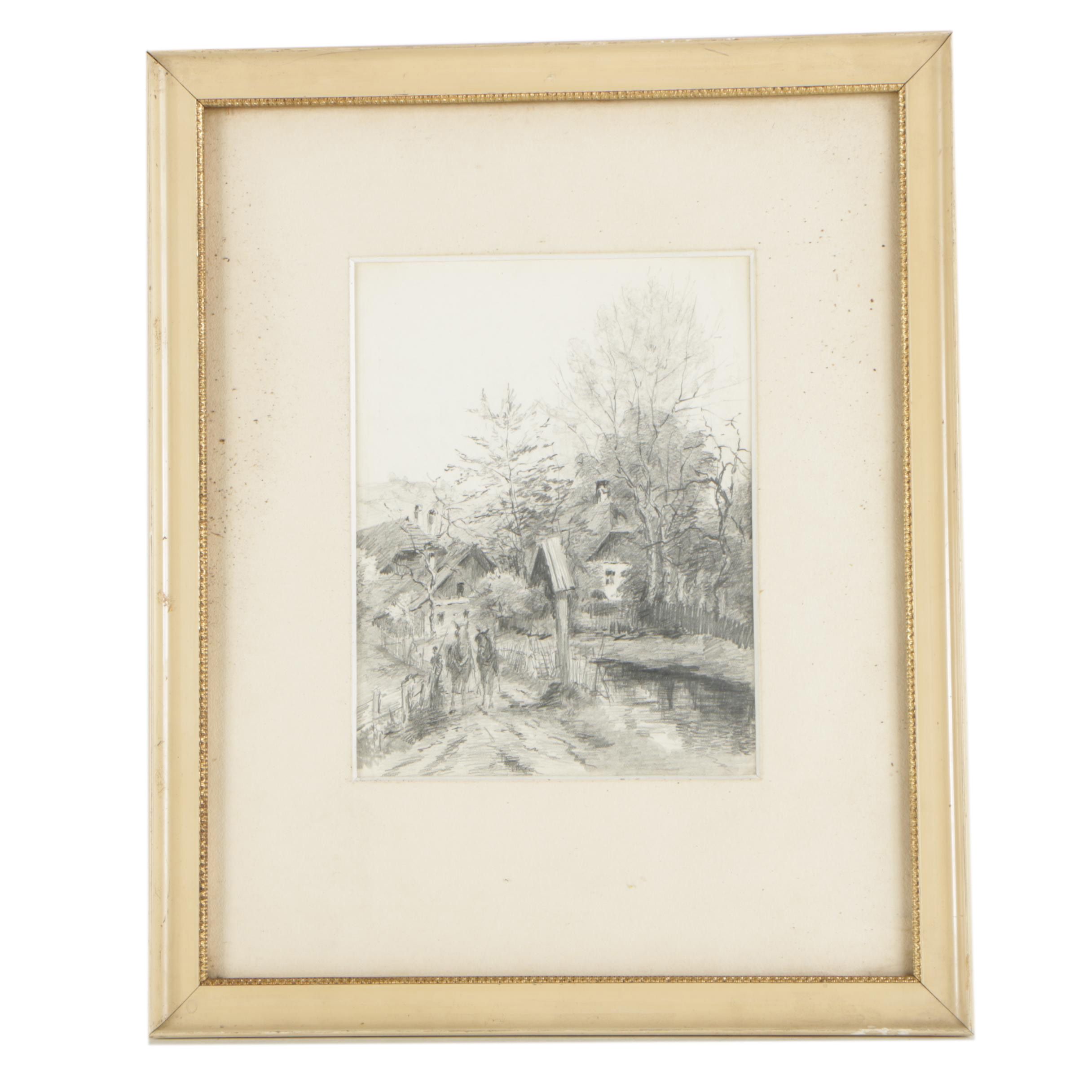 Graphite Drawing of Farm Scene | EBTH