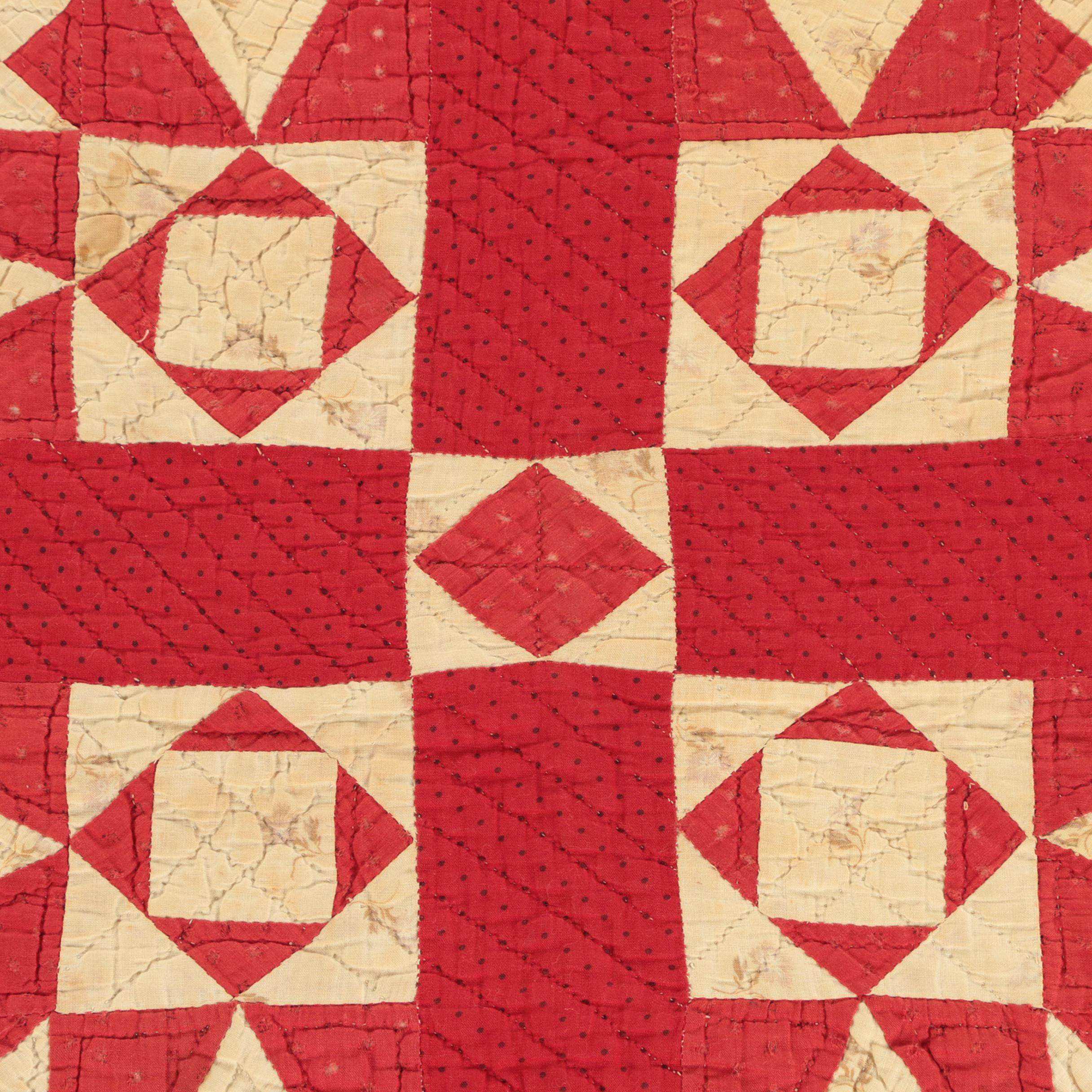 Antique Handmade Red And Cream Quilt | EBTH
