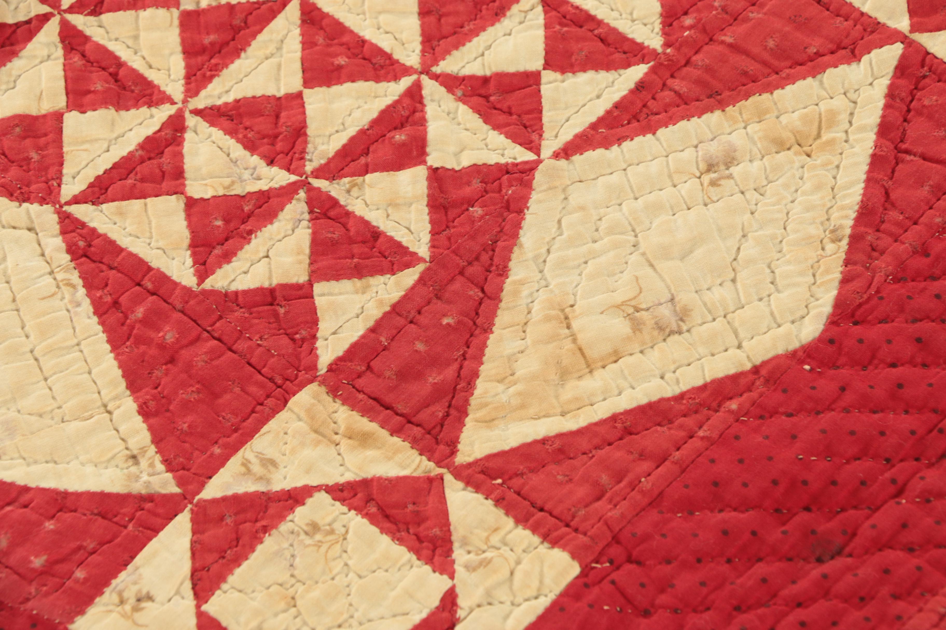 Antique Handmade Red And Cream Quilt | EBTH