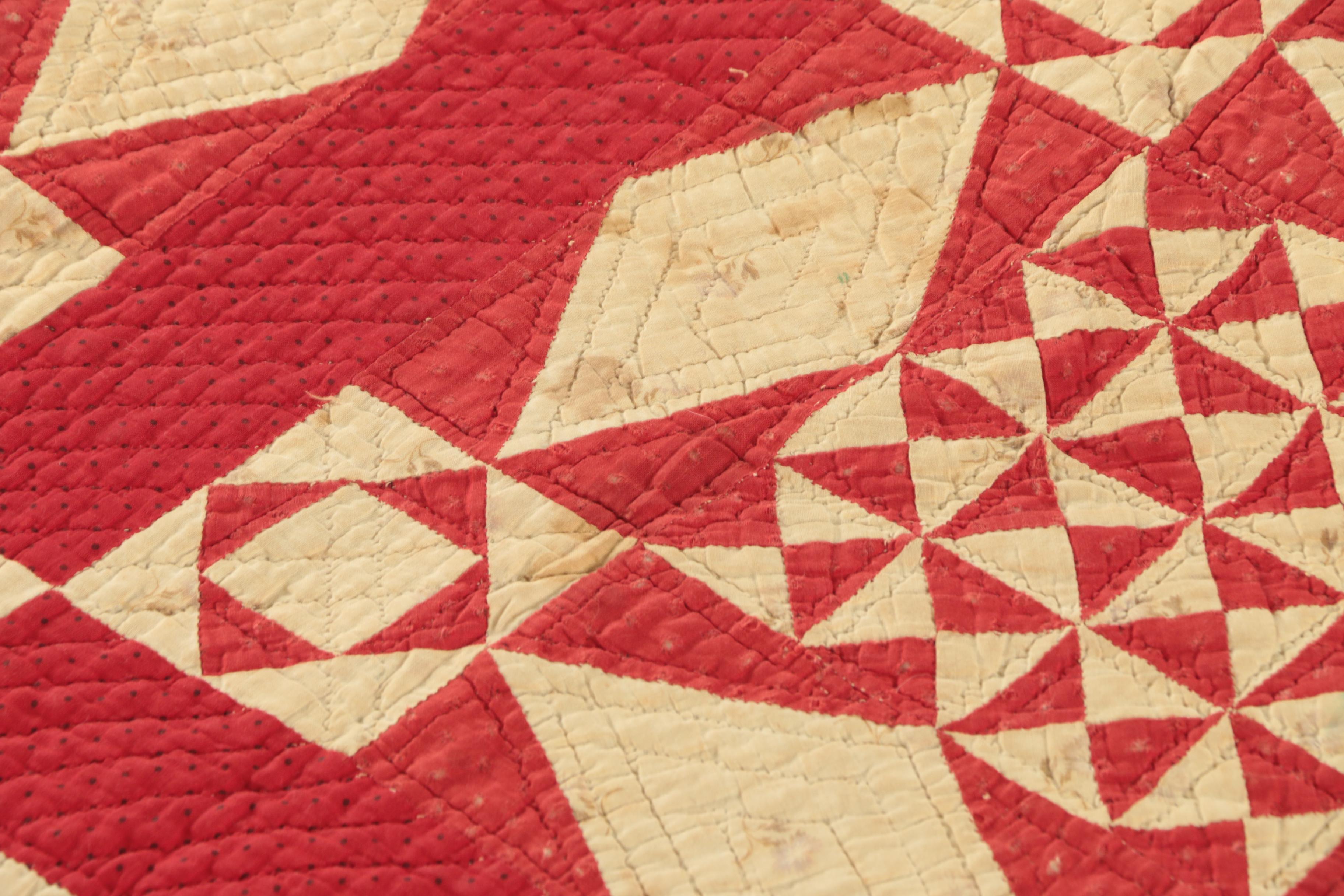 Antique Handmade Red And Cream Quilt | EBTH