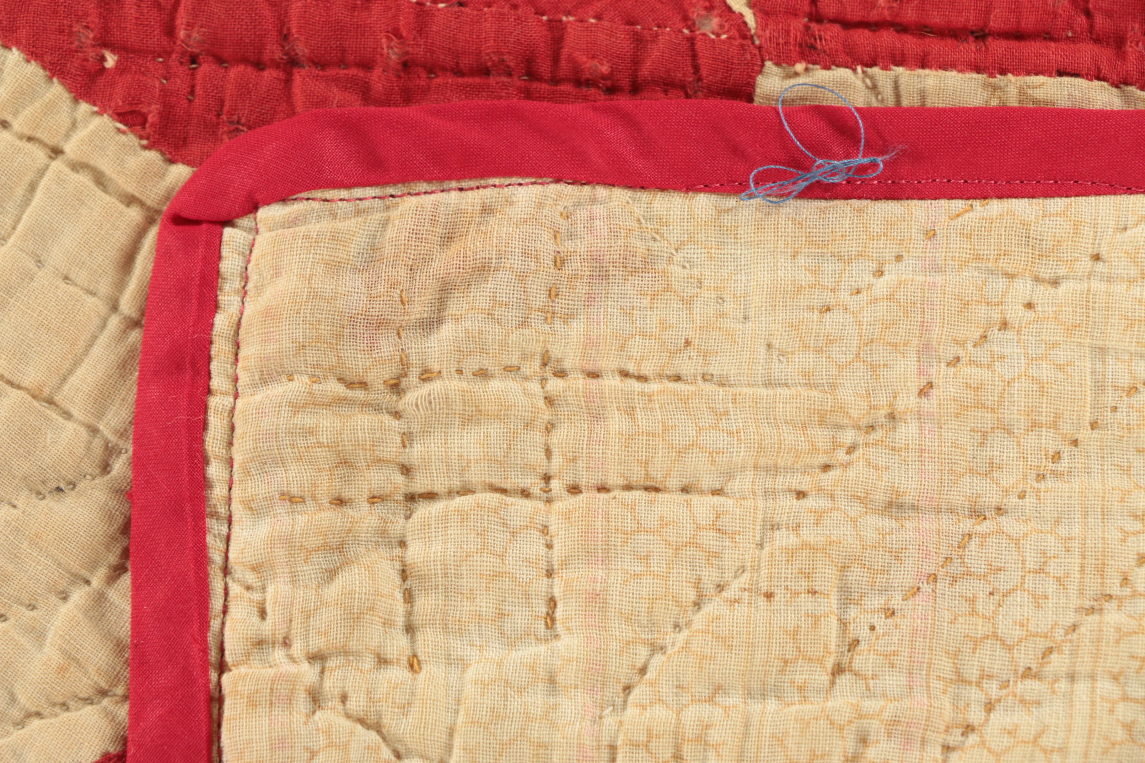 Antique Handmade Red And Cream Quilt | EBTH
