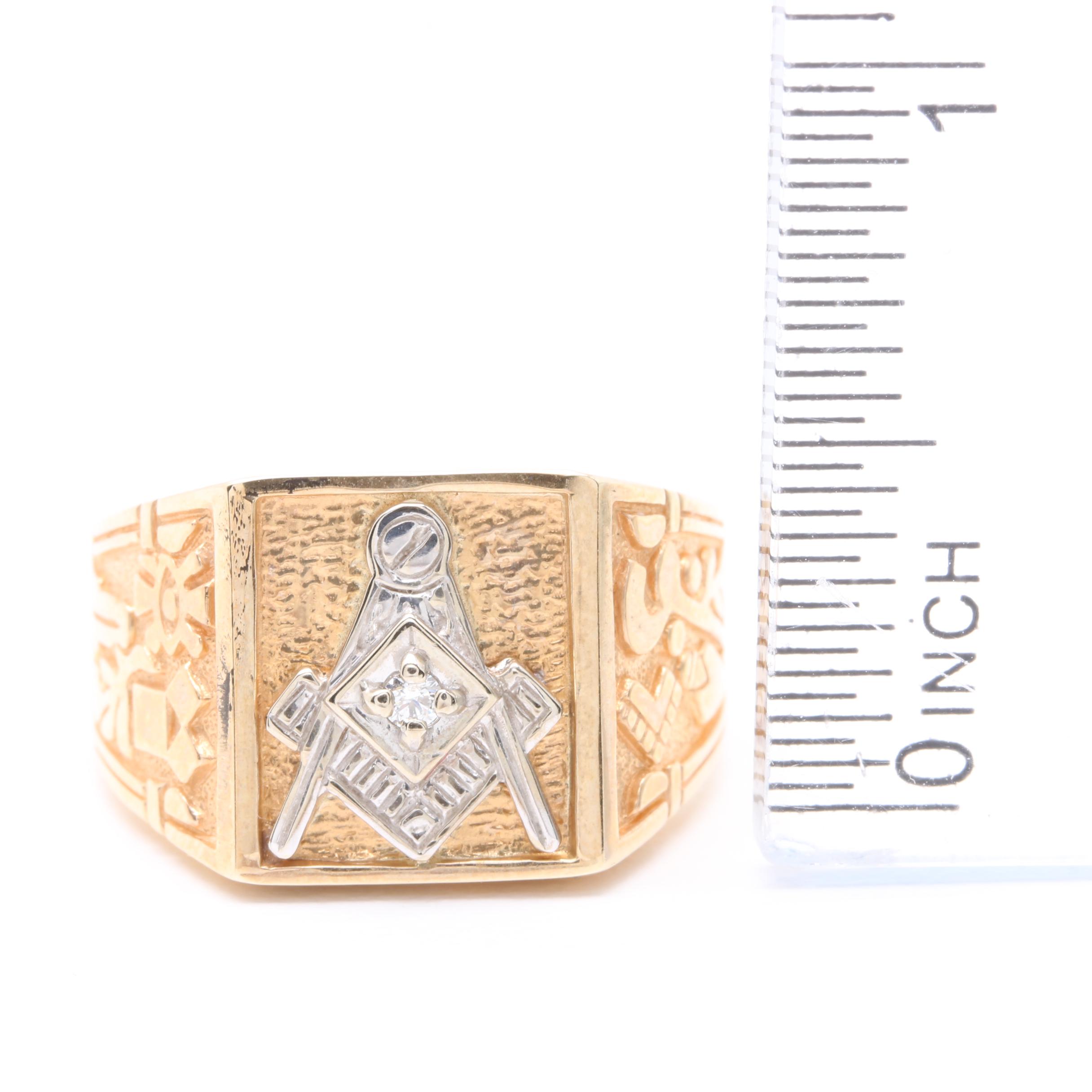 10K Yellow Gold Diamond Freemason Ring | EBTH