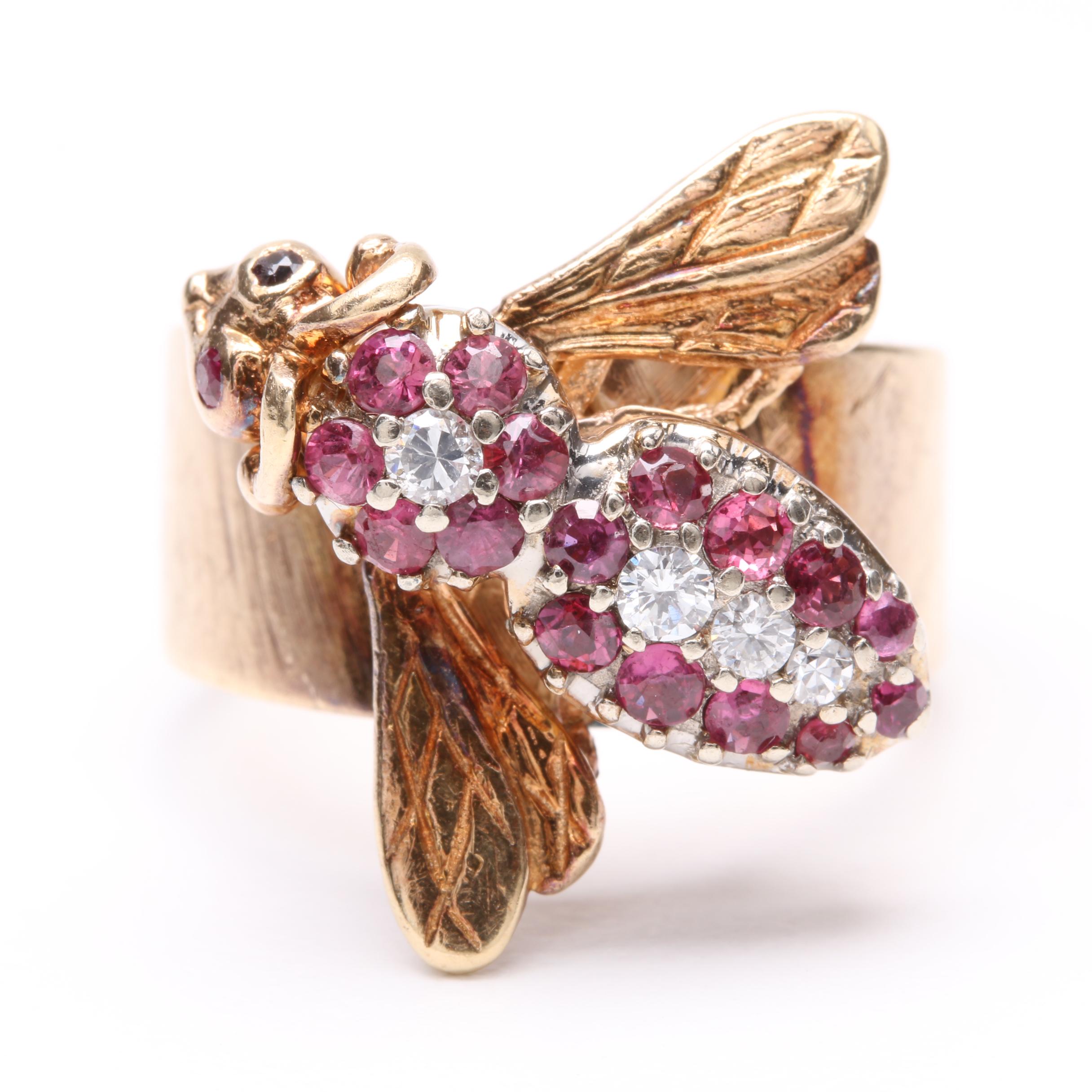 14K Yellow Gold Diamond and Ruby Winged Insect Ring | EBTH