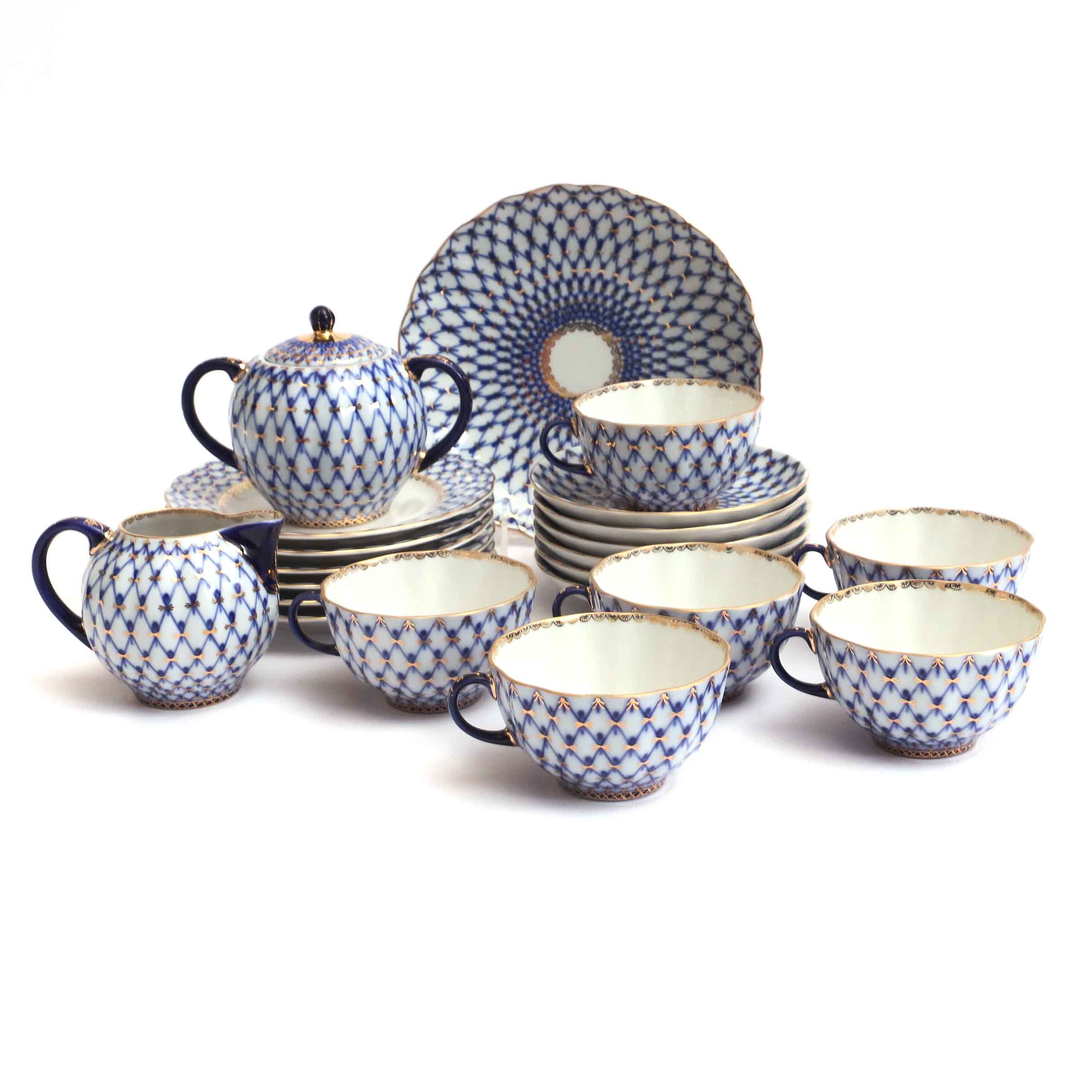 Vintage Lomonosov "Cobalt Net" Porcelain Russian Tea Set | EBTH