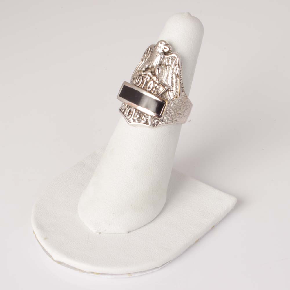 Silver Plate Eagle and "Motor Cycles" Enamel Biker Ring | EBTH