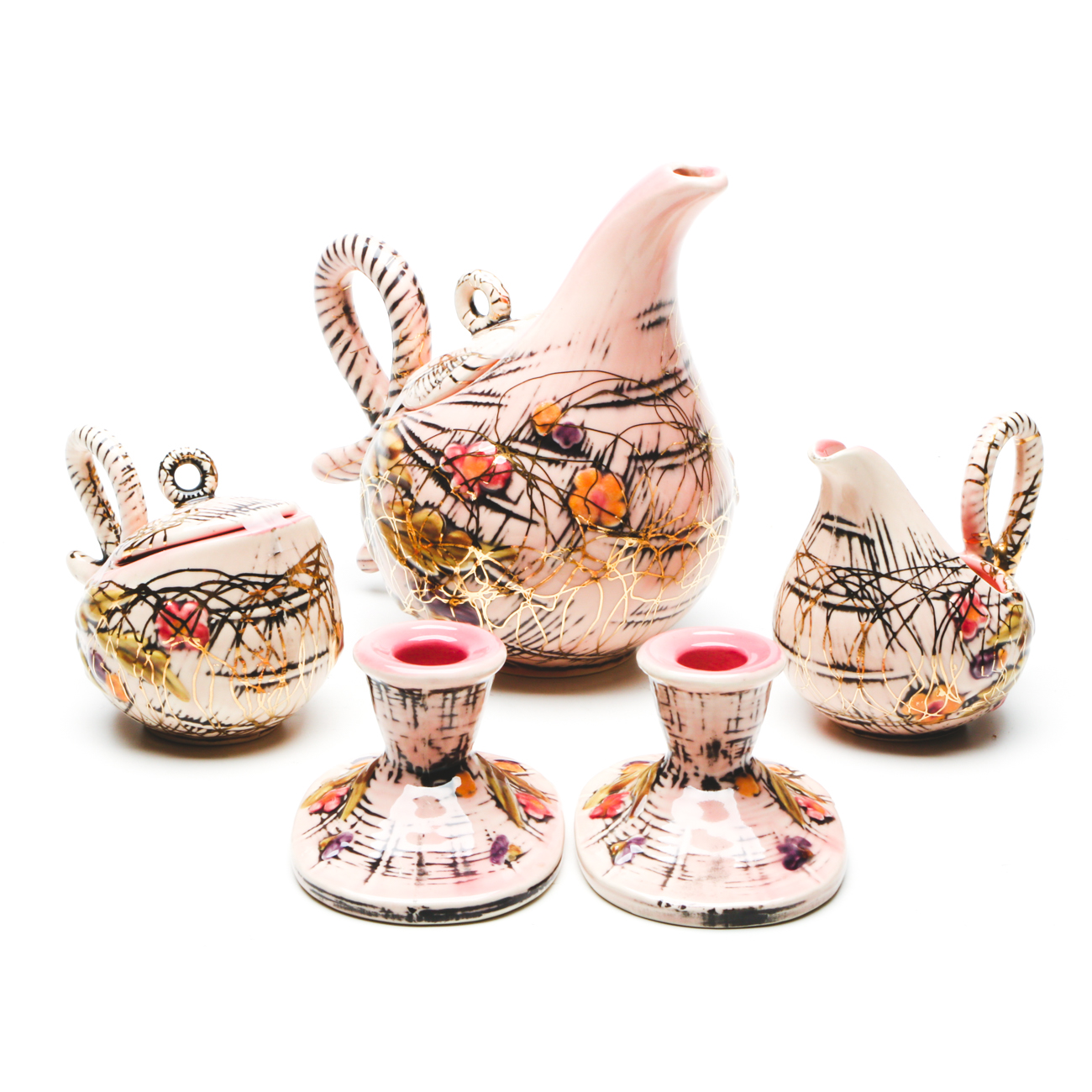 Hull Pottery "Blossom Flite" Teapot with Sugar and Creamer and ...