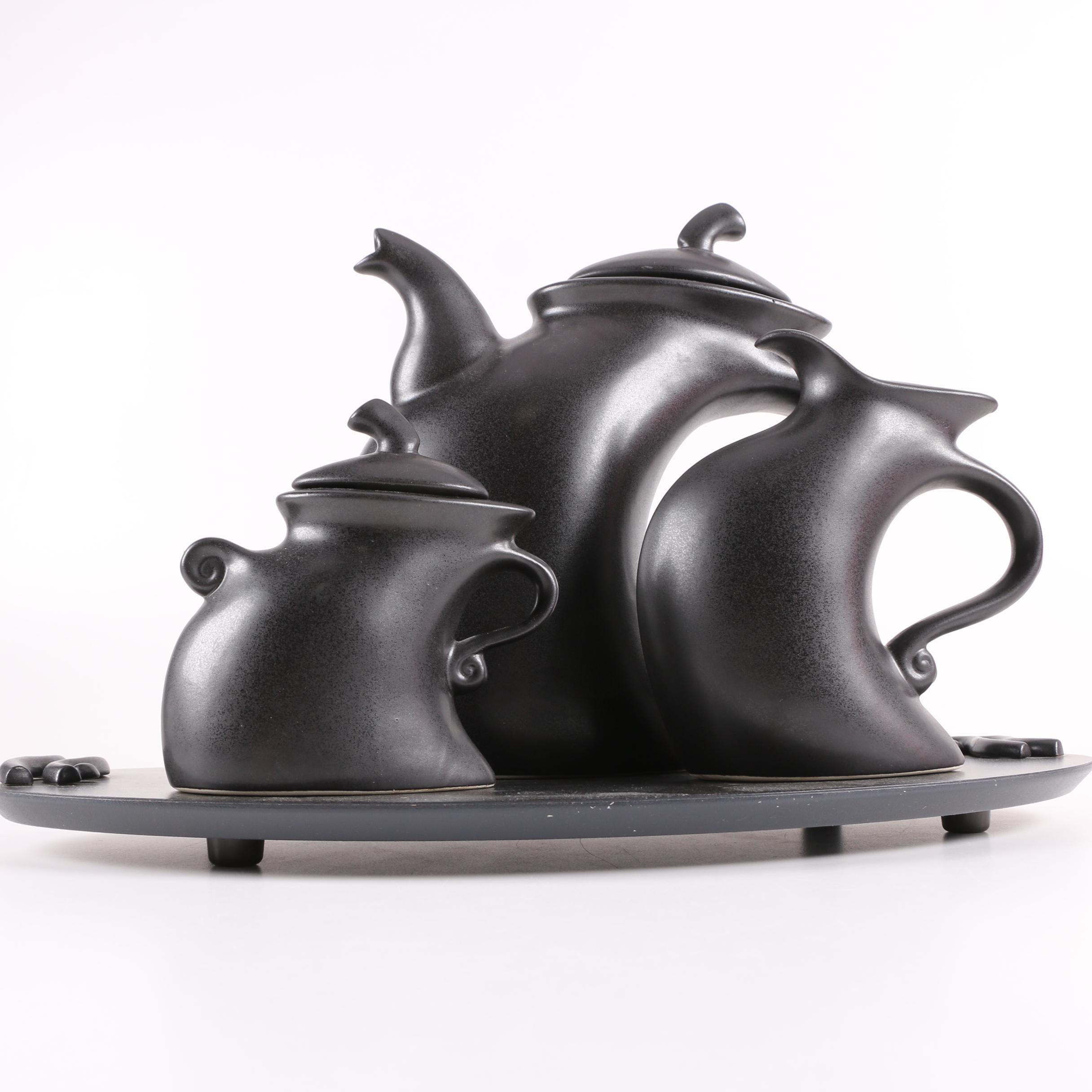 Signed Michael Lambert's "Dancing" Cast Ceramic Teapots with Serving ...