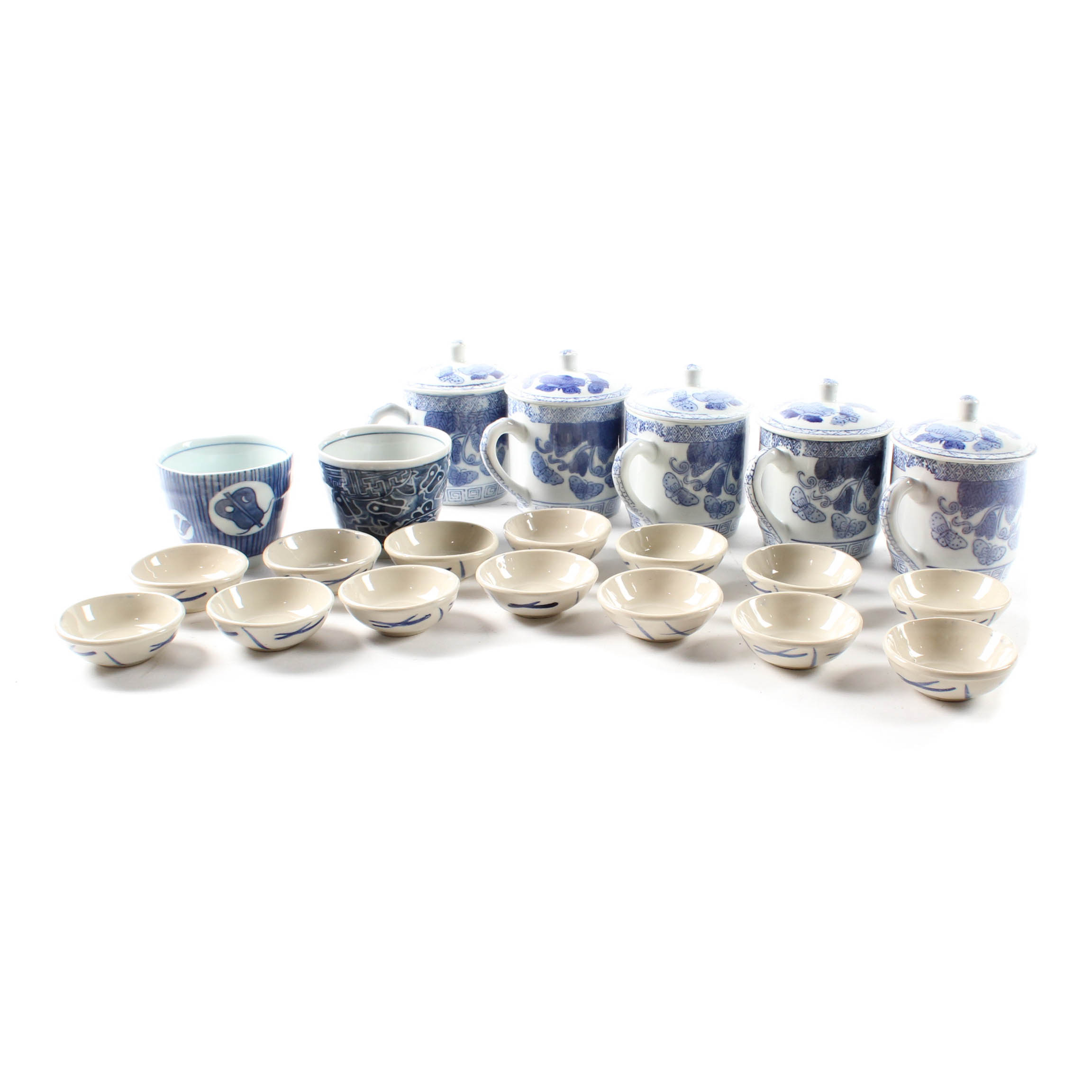 Asian Tableware With Chinese Blue and White Lidded Tea Cups and Sauce ...