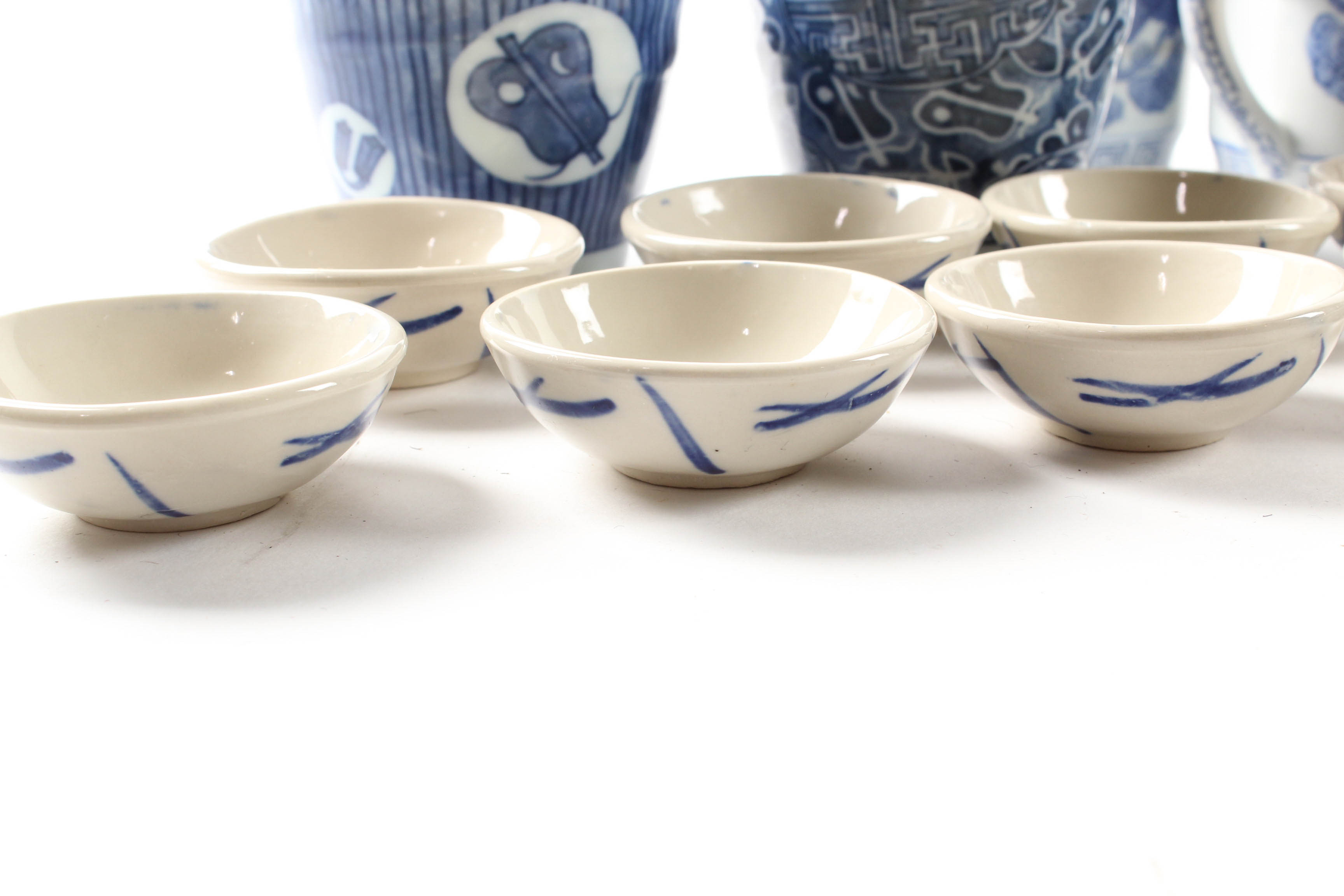 Asian Tableware With Chinese Blue and White Lidded Tea Cups and Sauce ...