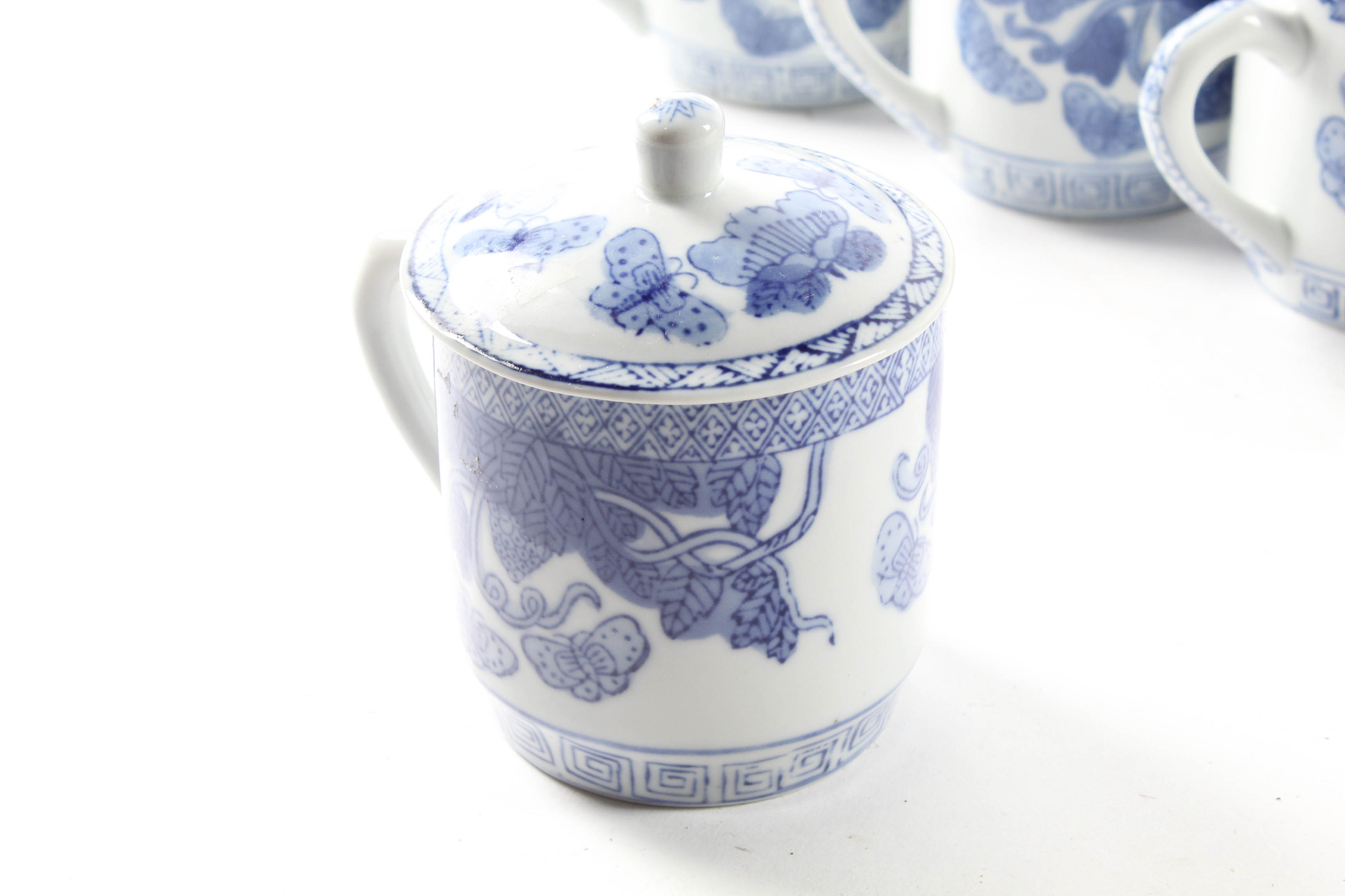 Asian Tableware With Chinese Blue and White Lidded Tea Cups and Sauce ...