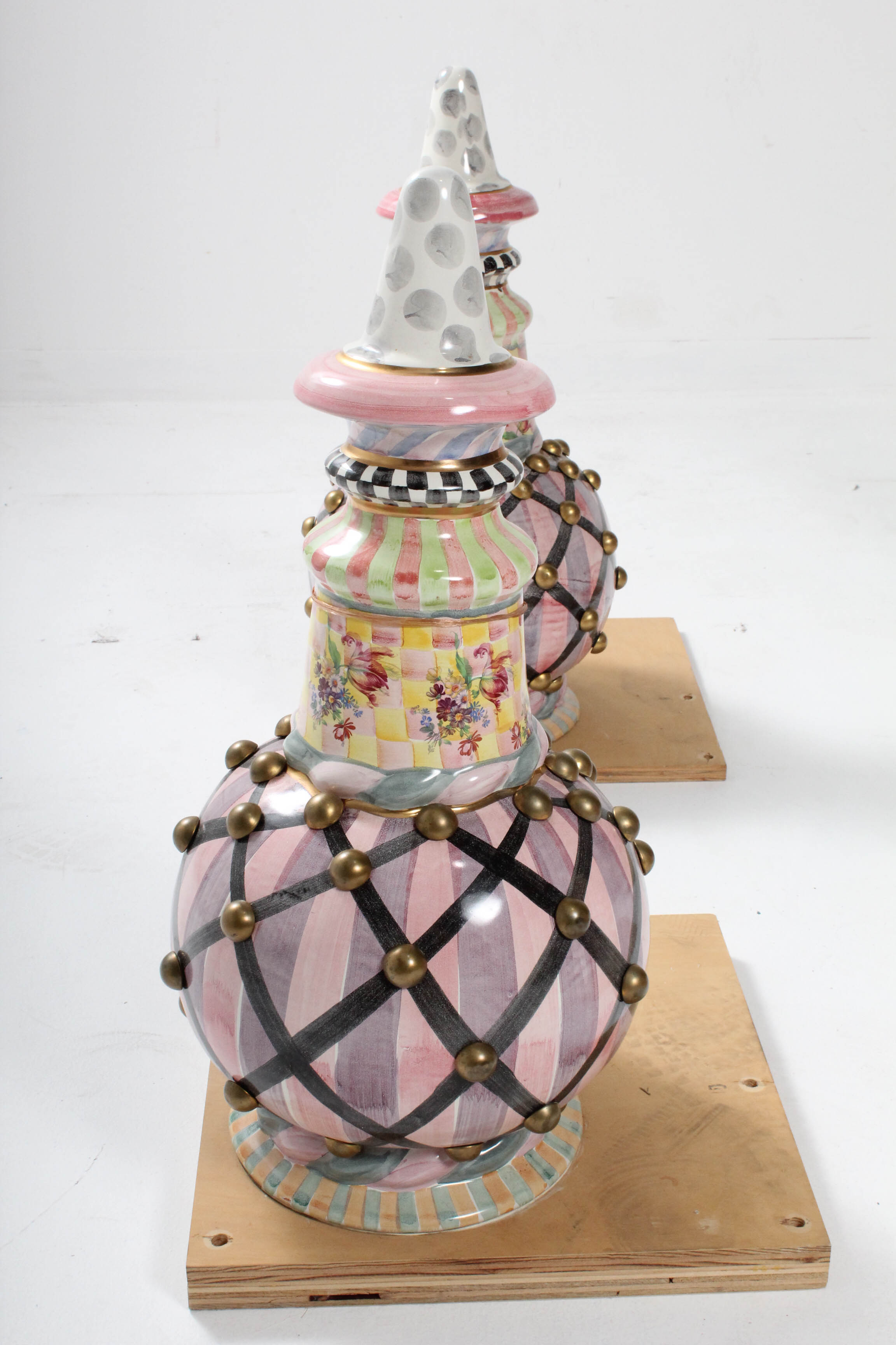 Mackenzie Childs Wood Top Train Table with Hand-Painted Ceramic Legs | EBTH