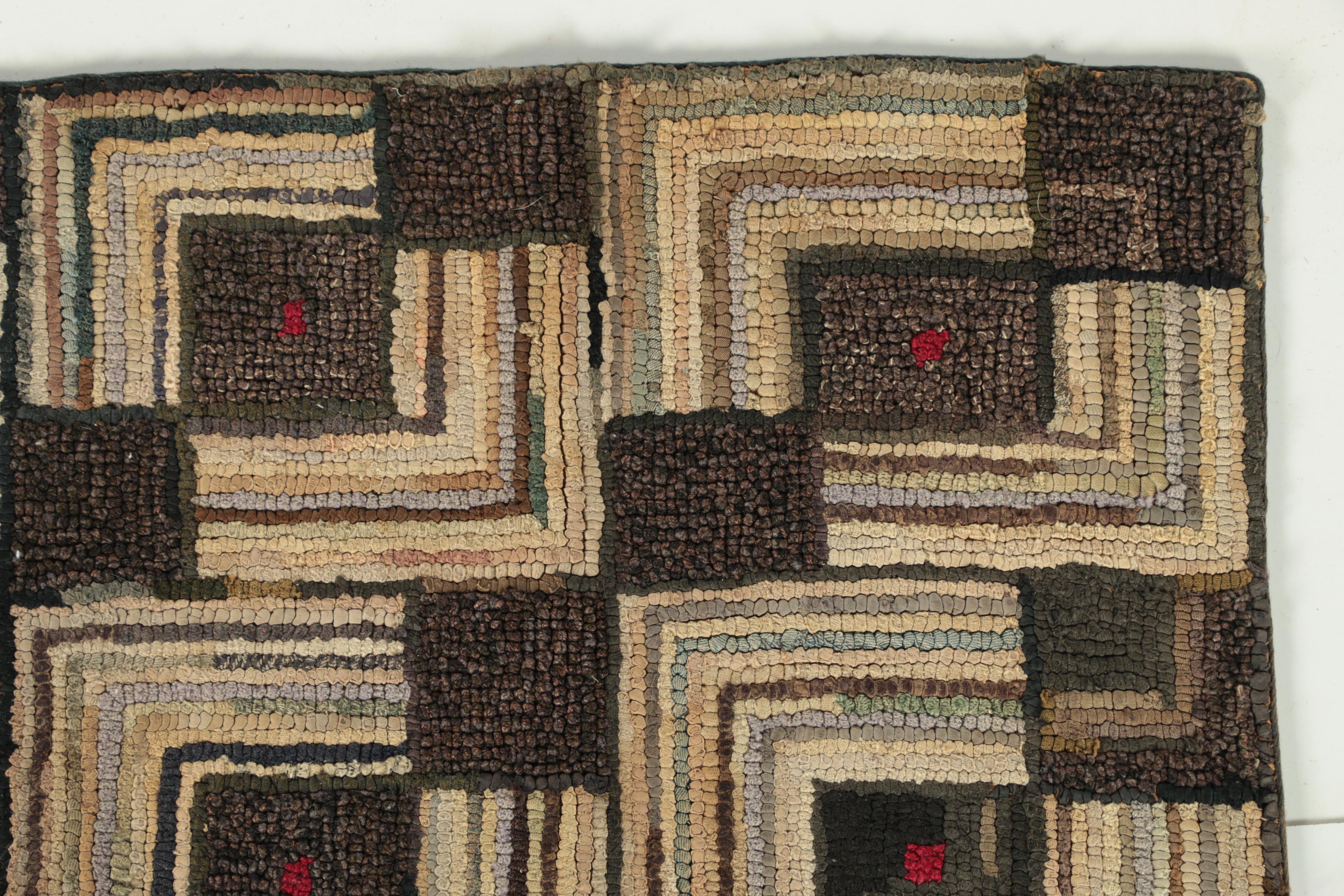 Late 19th to Early 20th Century Stepped Square Hooked Geometric Wool ...