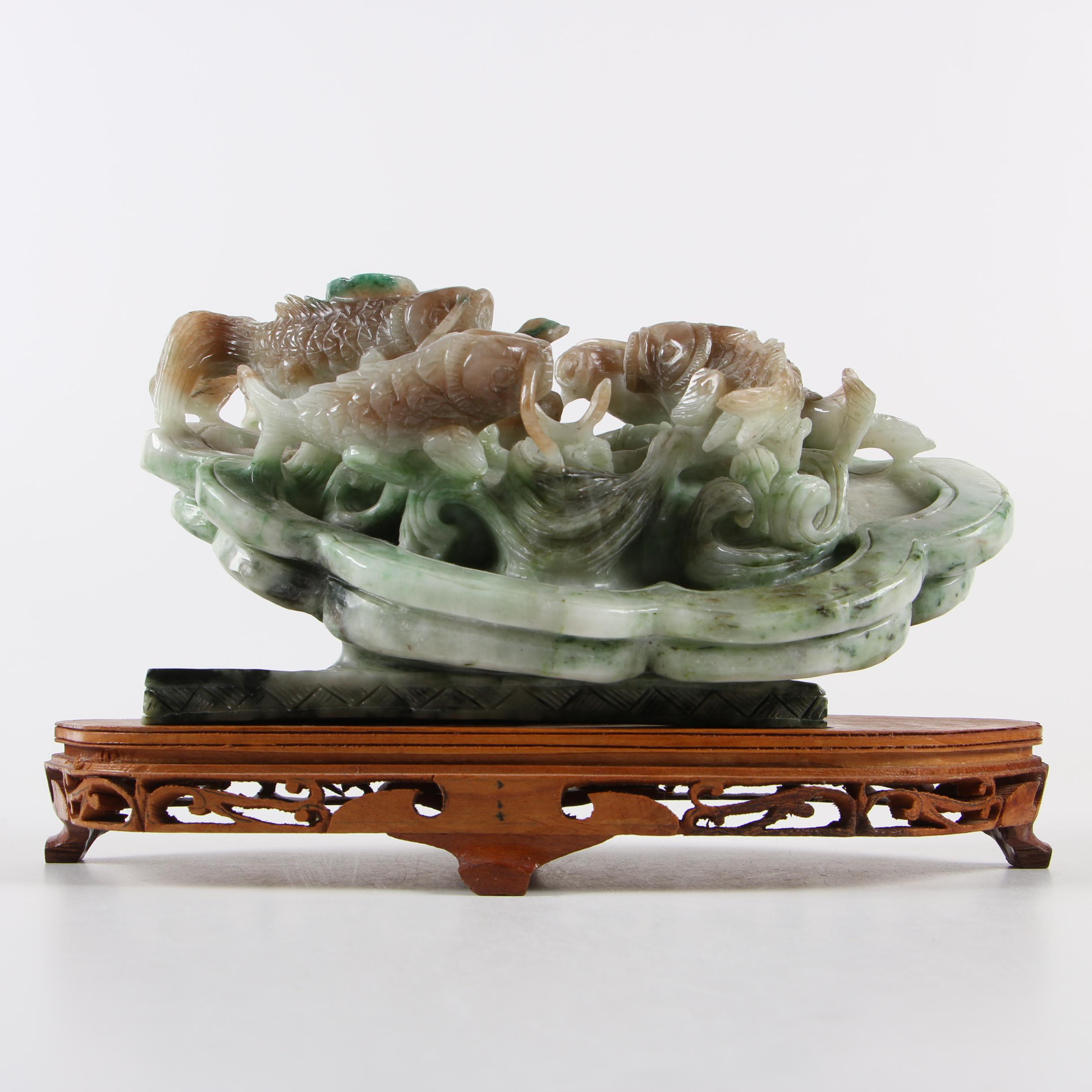 Nephrite Jade Koi Fish Carving with Wooden Stand | EBTH