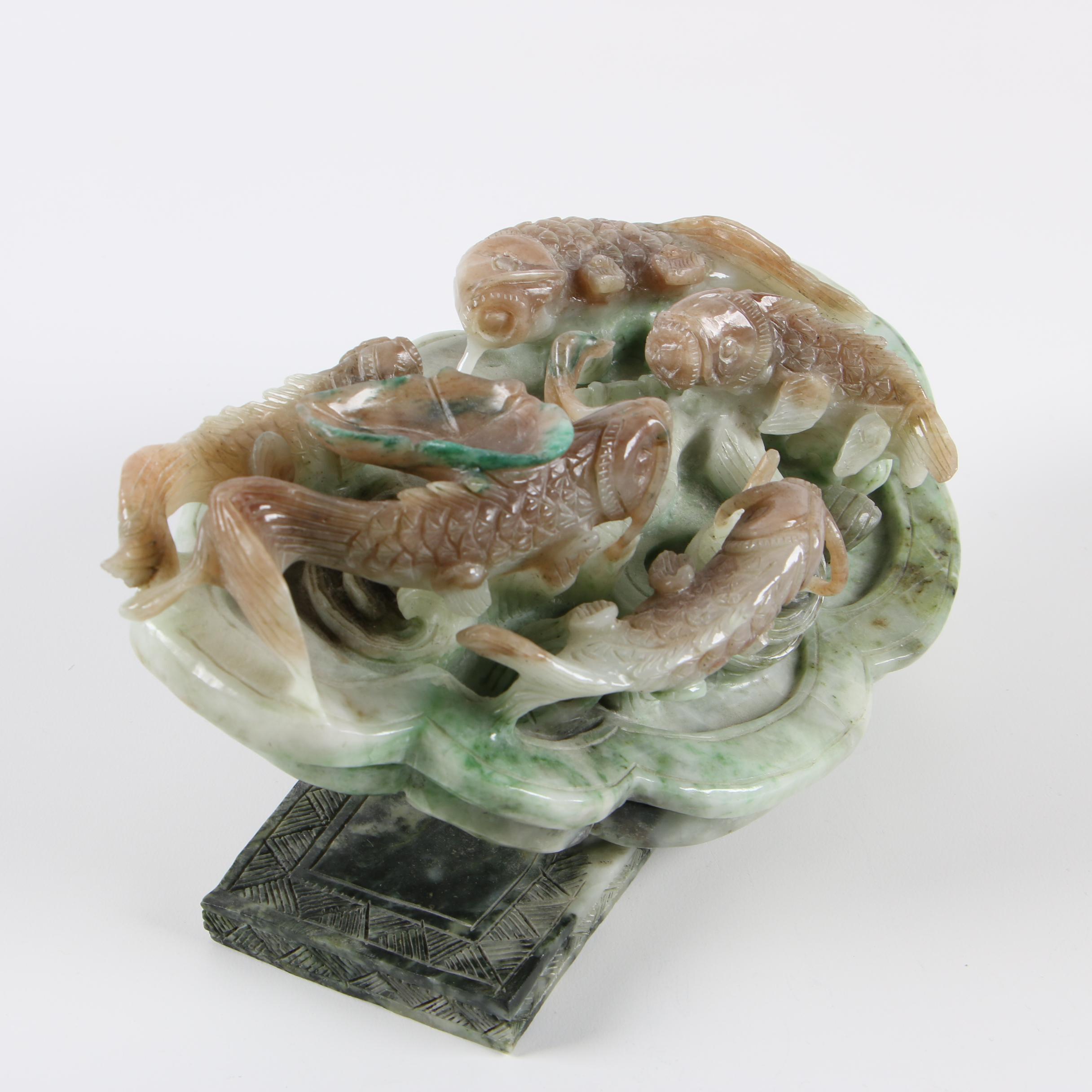 Nephrite Jade Koi Fish Carving with Wooden Stand | EBTH