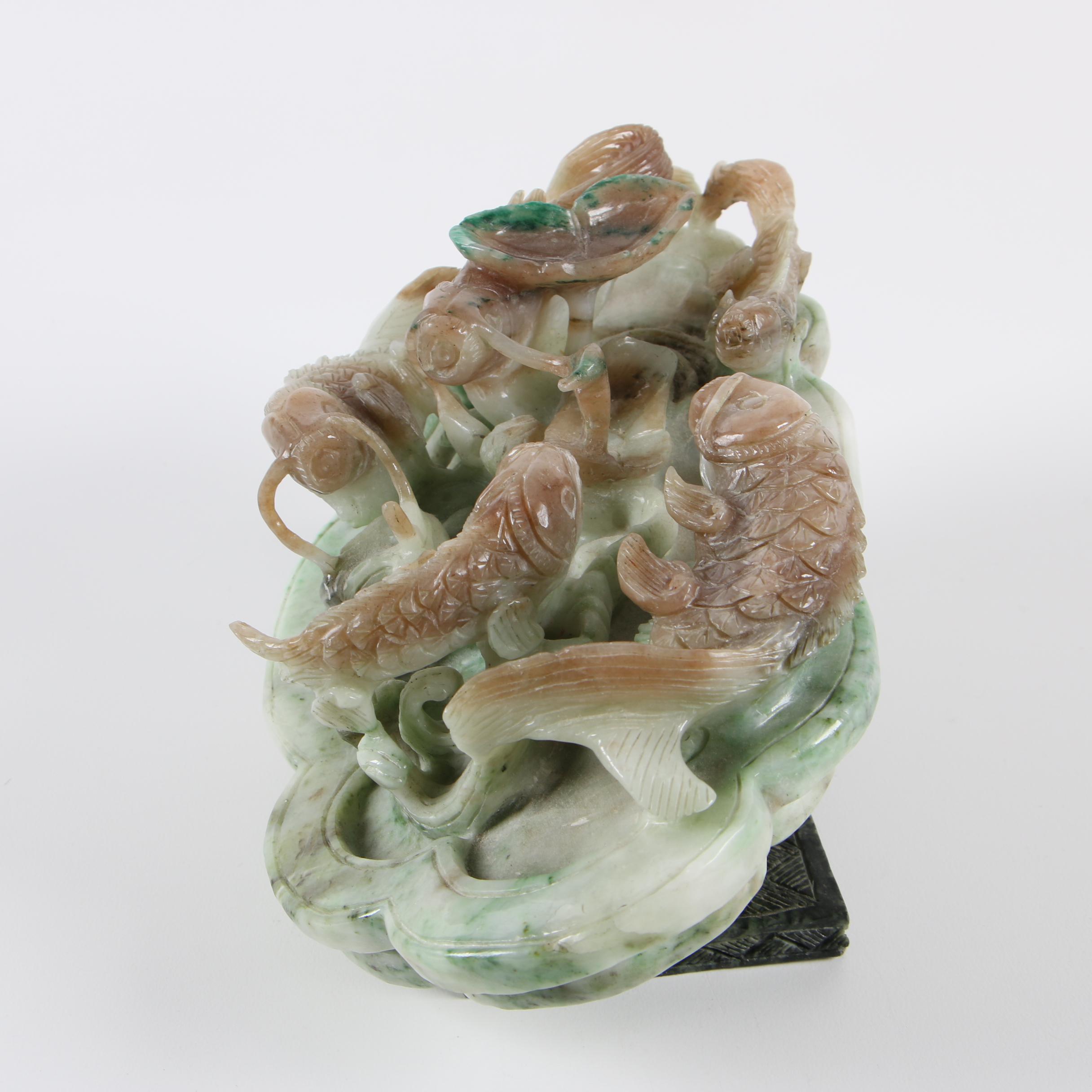 Nephrite Jade Koi Fish Carving with Wooden Stand | EBTH