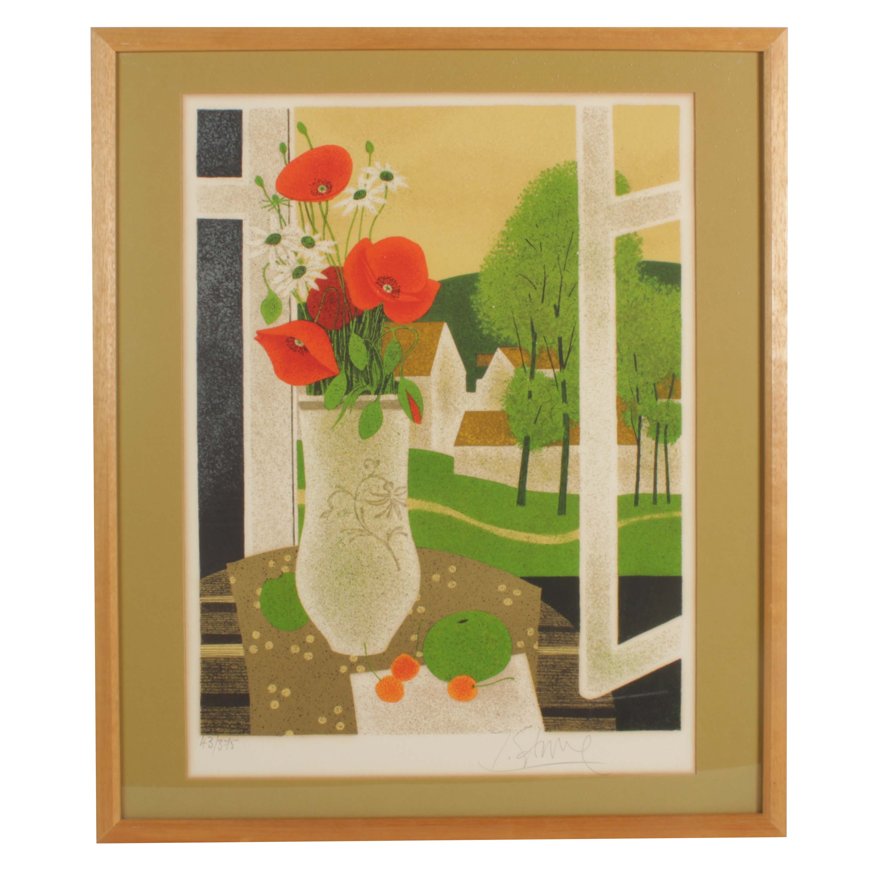 Yves Ganne Lithograph “Flower Vase and Farm Scene” | EBTH