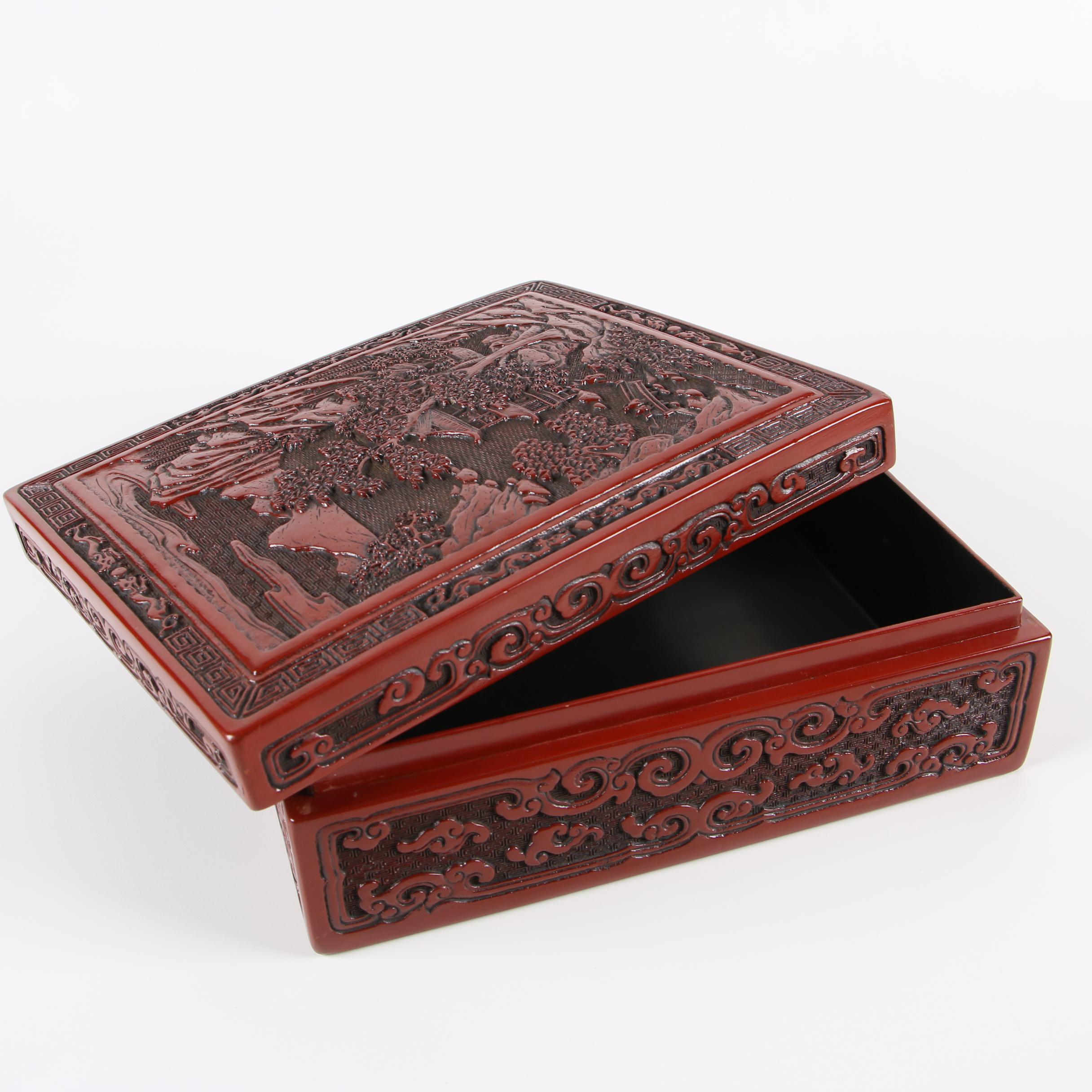 Chinese Carved Wood Red Lacquer Box | EBTH