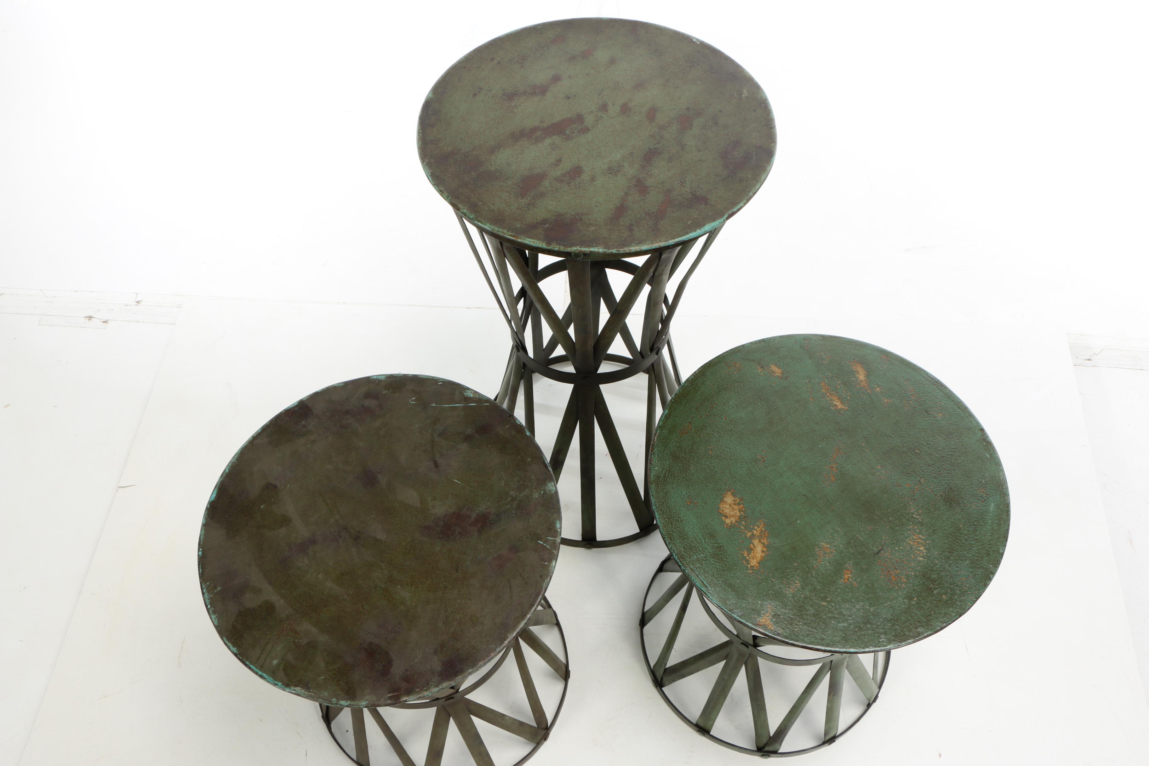 Industrial Style "Drum" Painted Metal Stools and Side Table, 21st ...