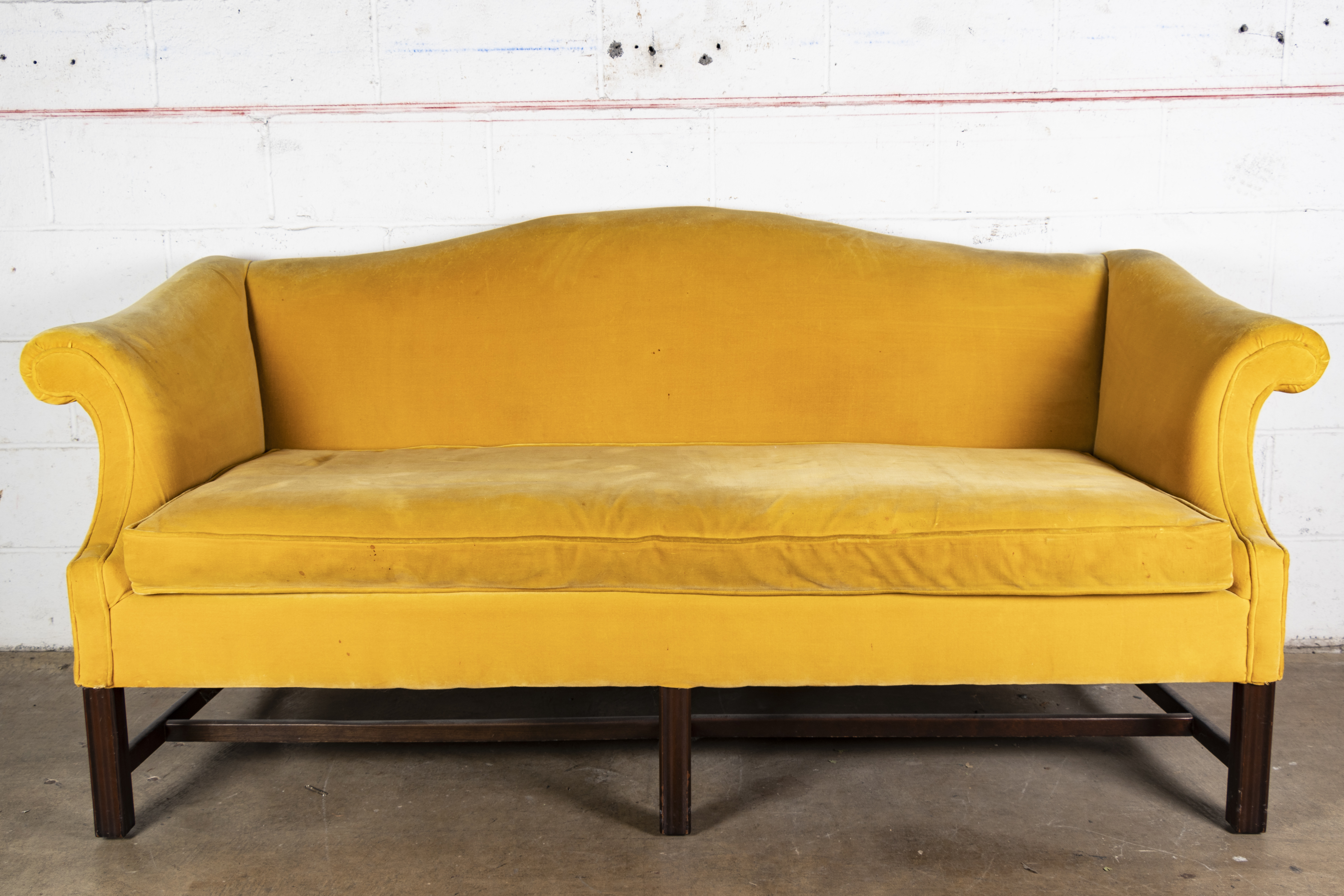 Velvet Upholstered Camelback Sofa with Horse and Hog Hair Stuffing ...