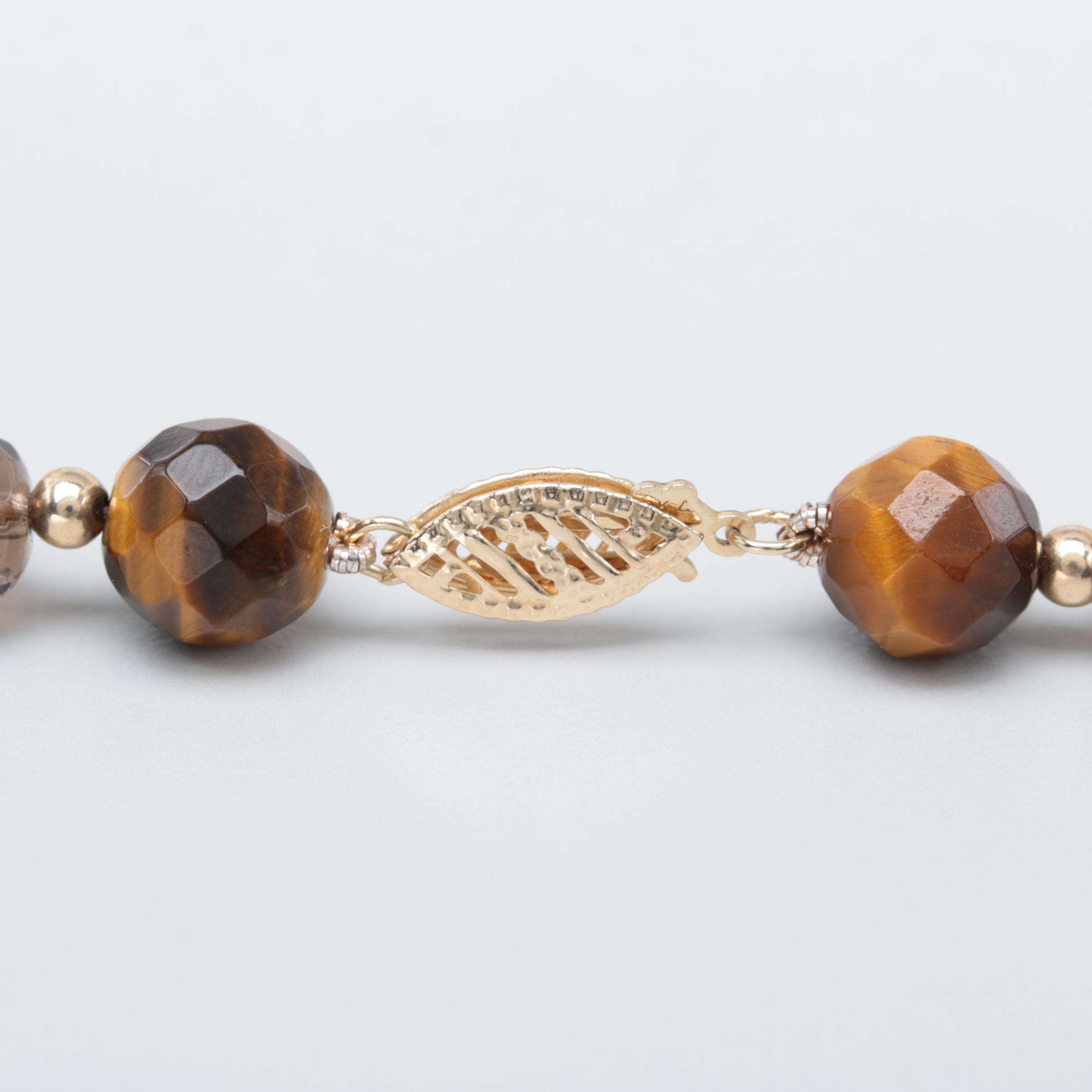 10K Yellow Gold Tiger's Eye and Smoky Quartz Necklace | EBTH