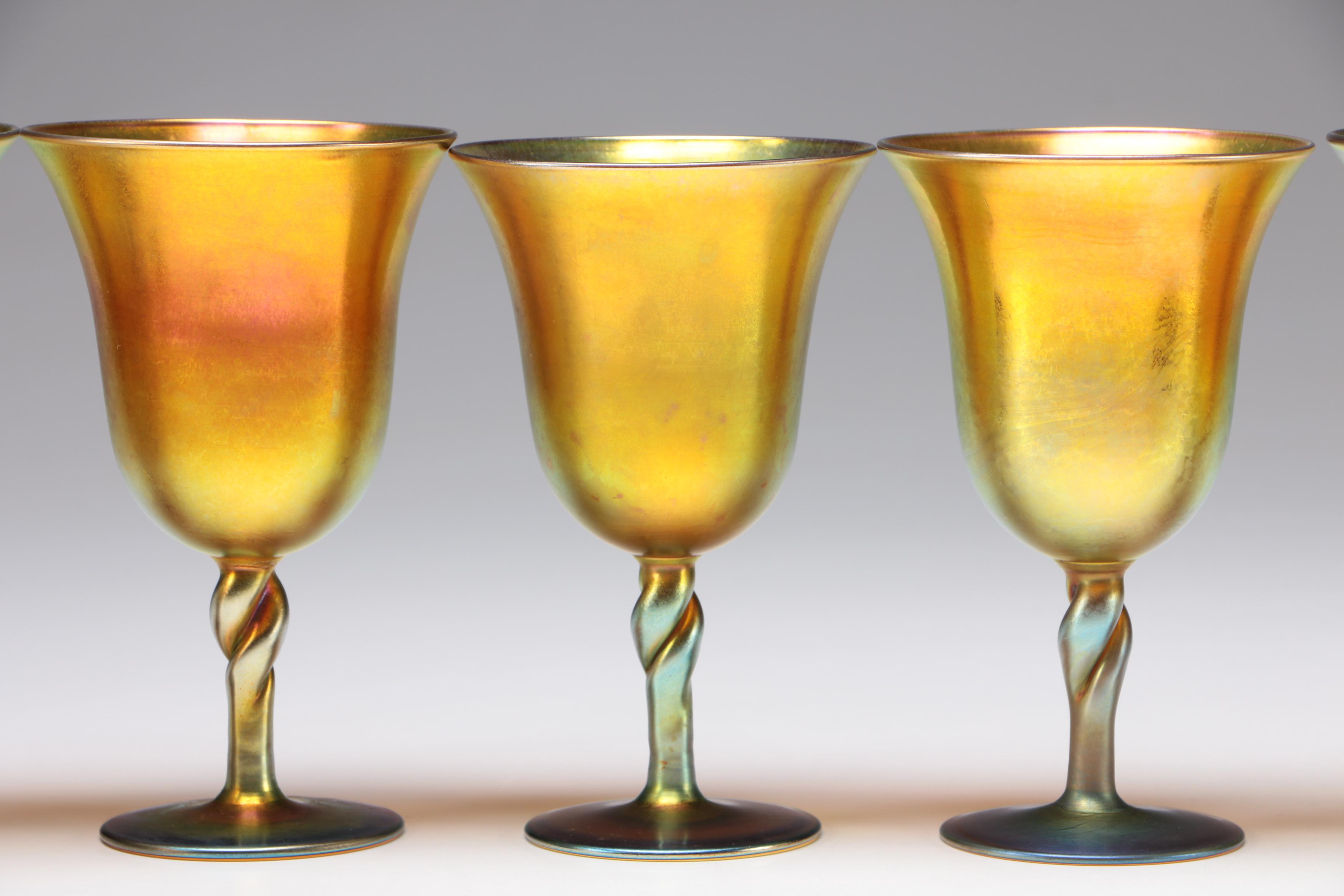 Steuben Art Glass Gold Aurene Goblet Set Designed by Frederick Carder ...
