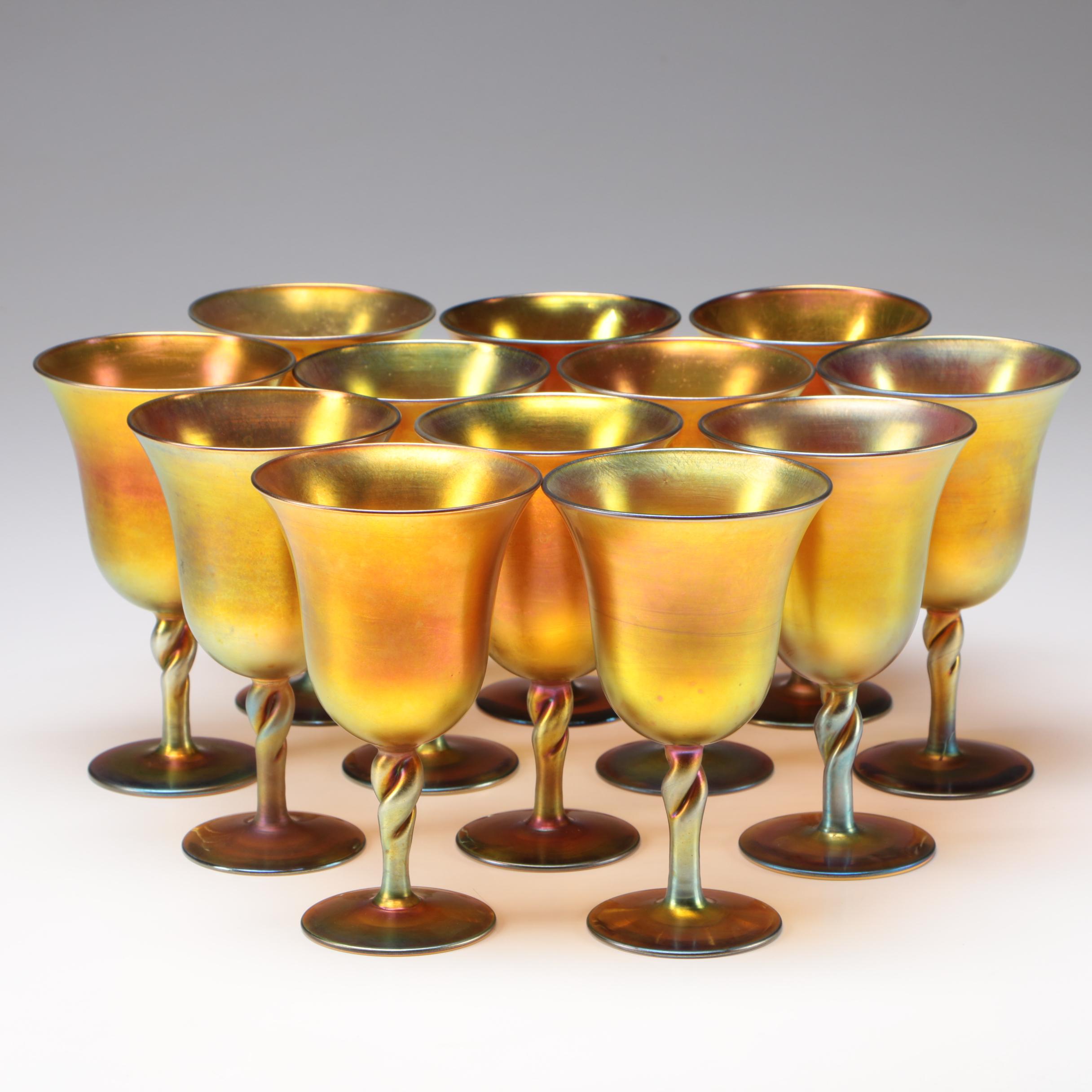Steuben Art Glass Gold Aurene Goblet Set Designed by Frederick Carder ...