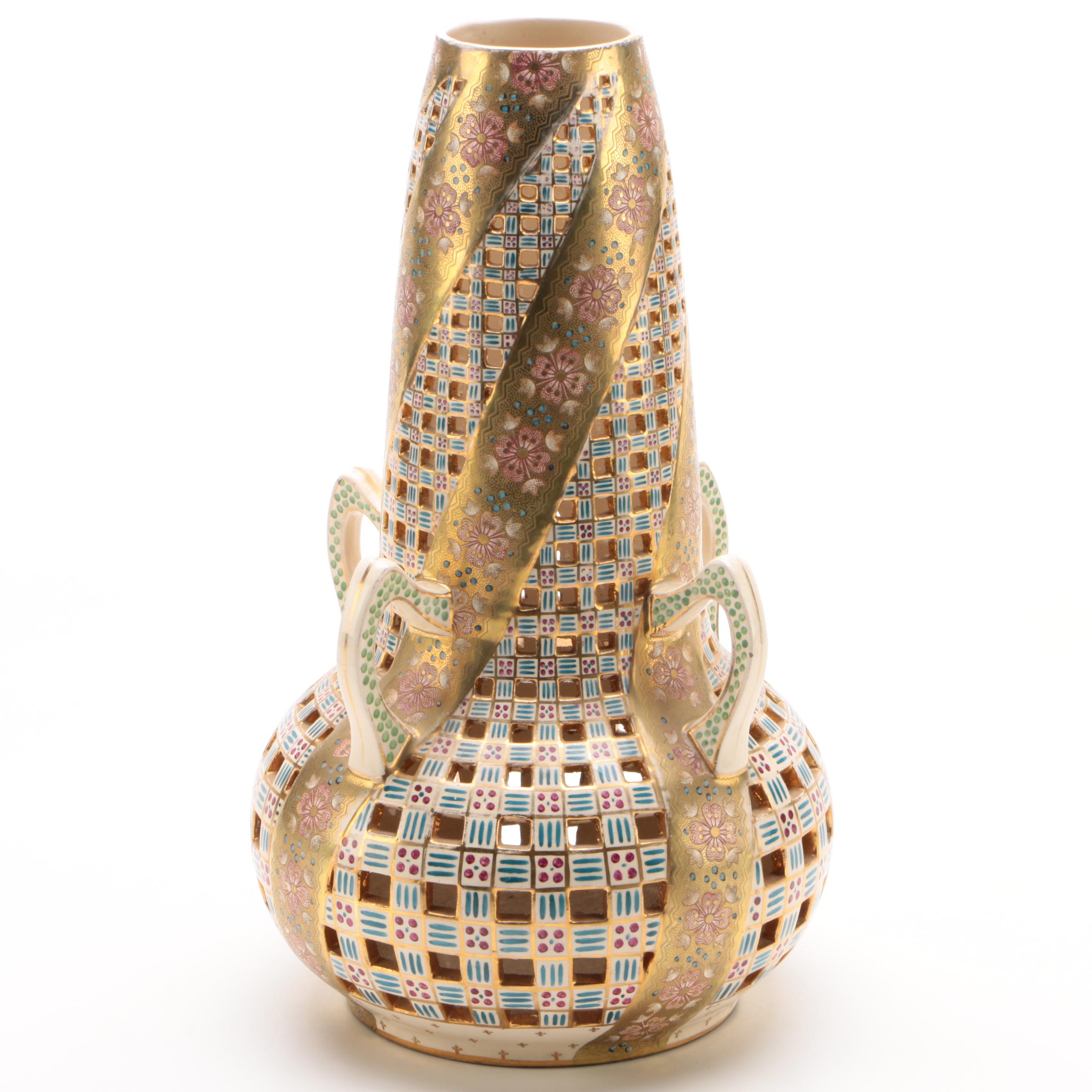 Emil Fischer Hand-Painted Reticulated Ceramic Vase, Early 20th Century ...