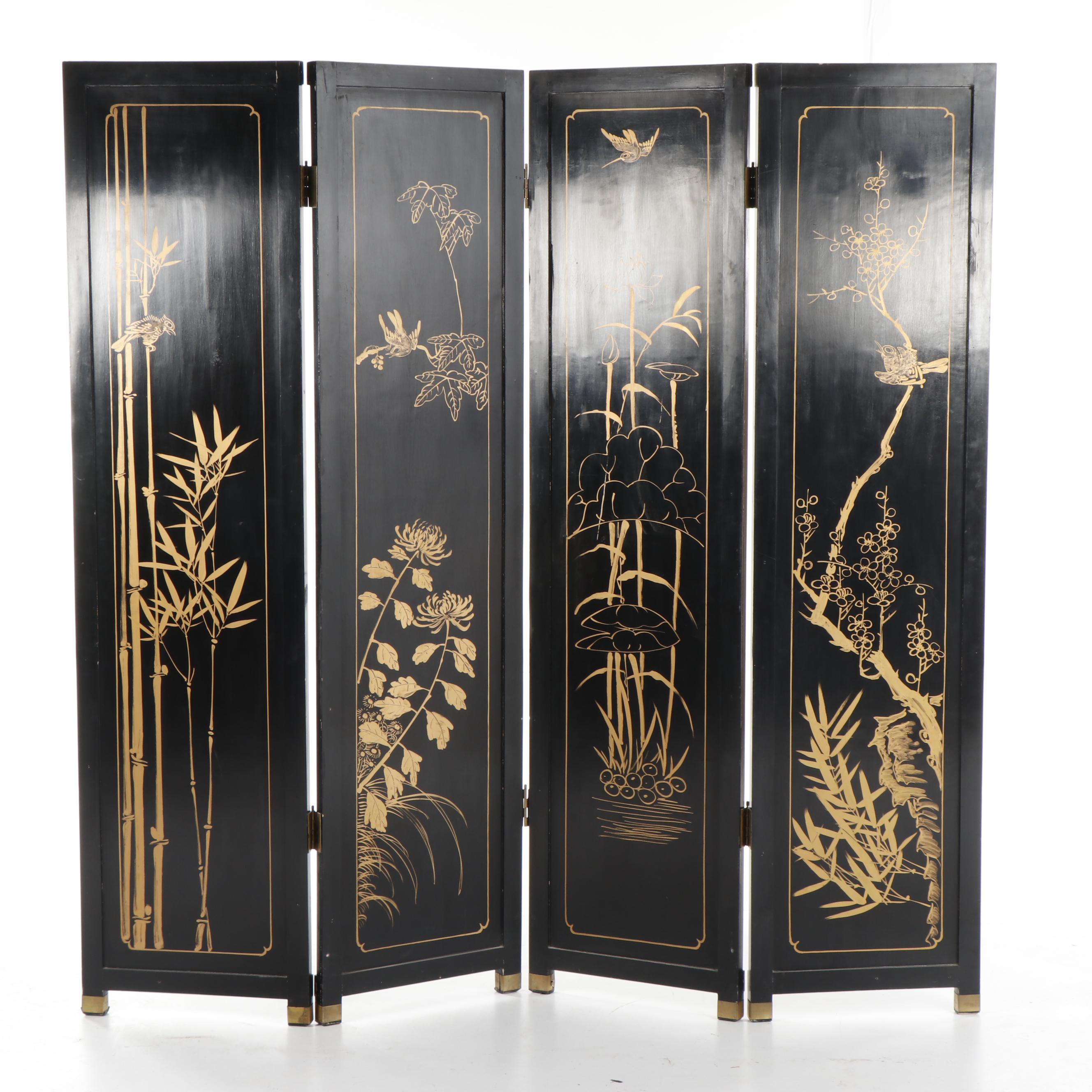 Chinese Lacquered Folding Screen with Hand-Painted and Carved Stone ...