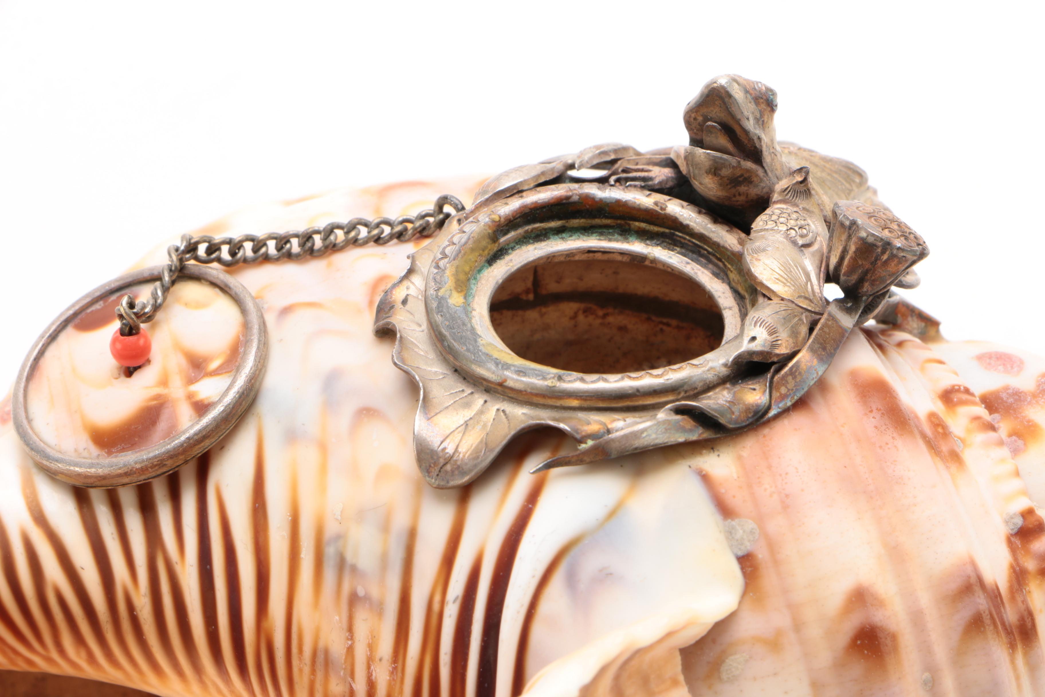 Conch Shell Inkwell with Silver Animal Motif Mount, Late Victorian | EBTH