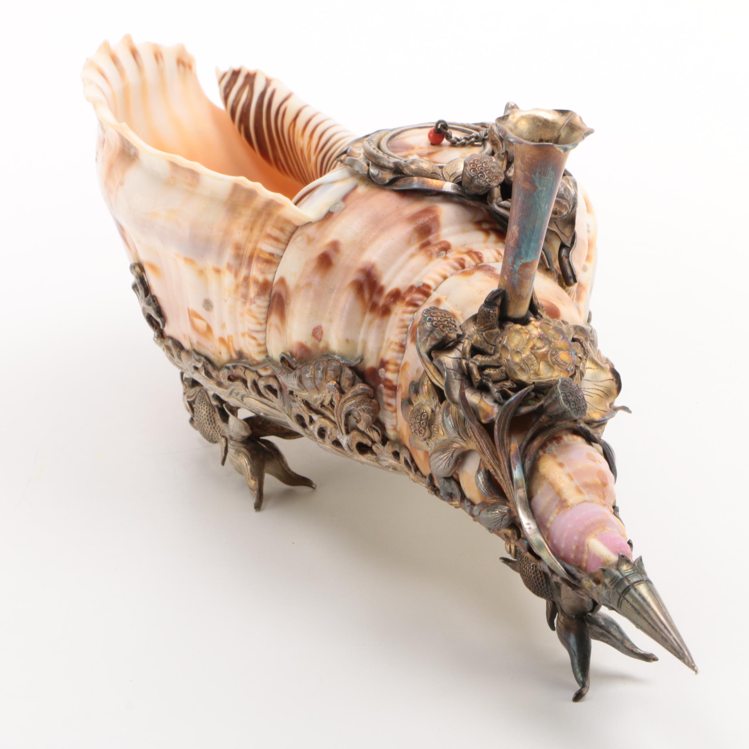 Conch Shell Inkwell with Silver Animal Motif Mount, Late Victorian | EBTH