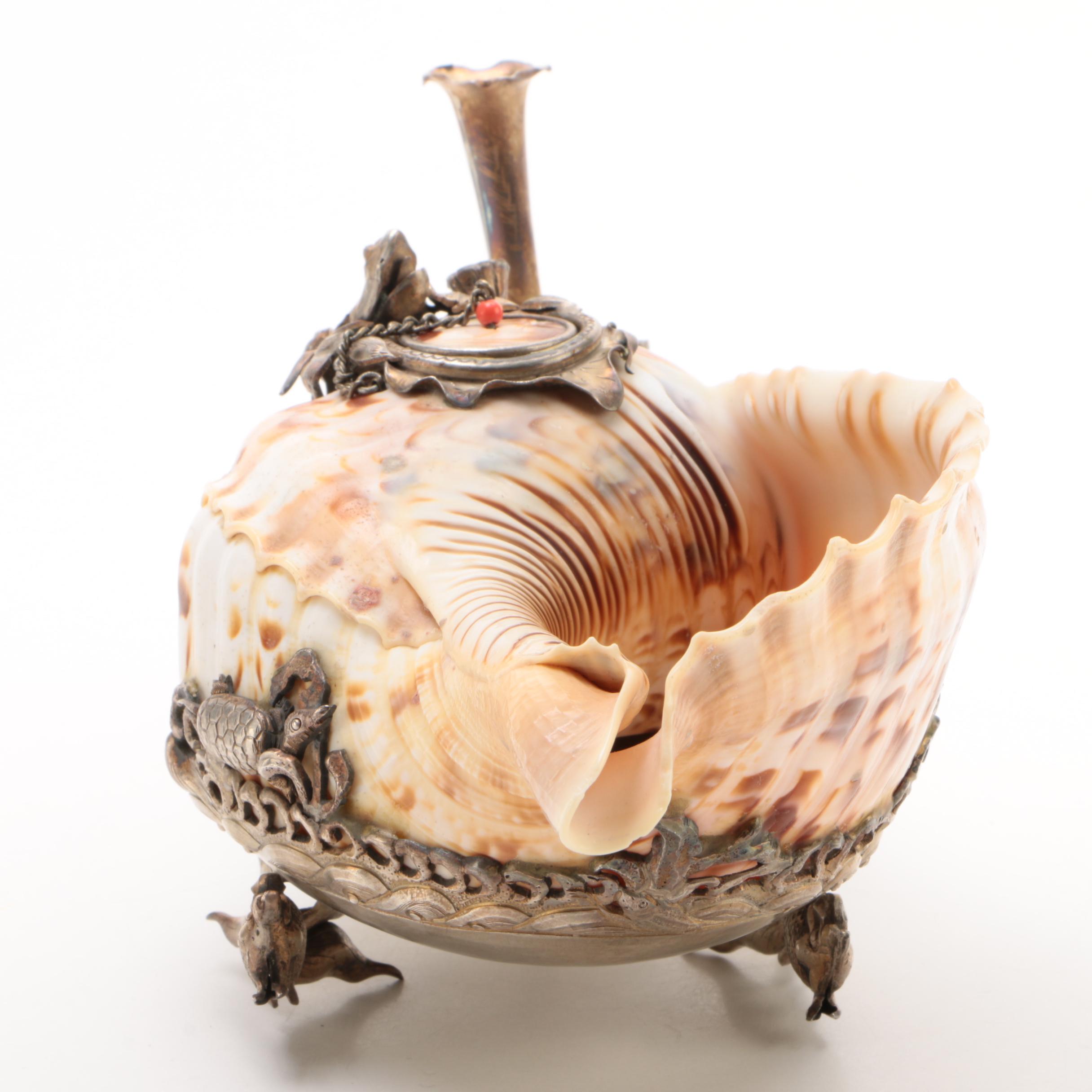 Conch Shell Inkwell with Silver Animal Motif Mount, Late Victorian | EBTH