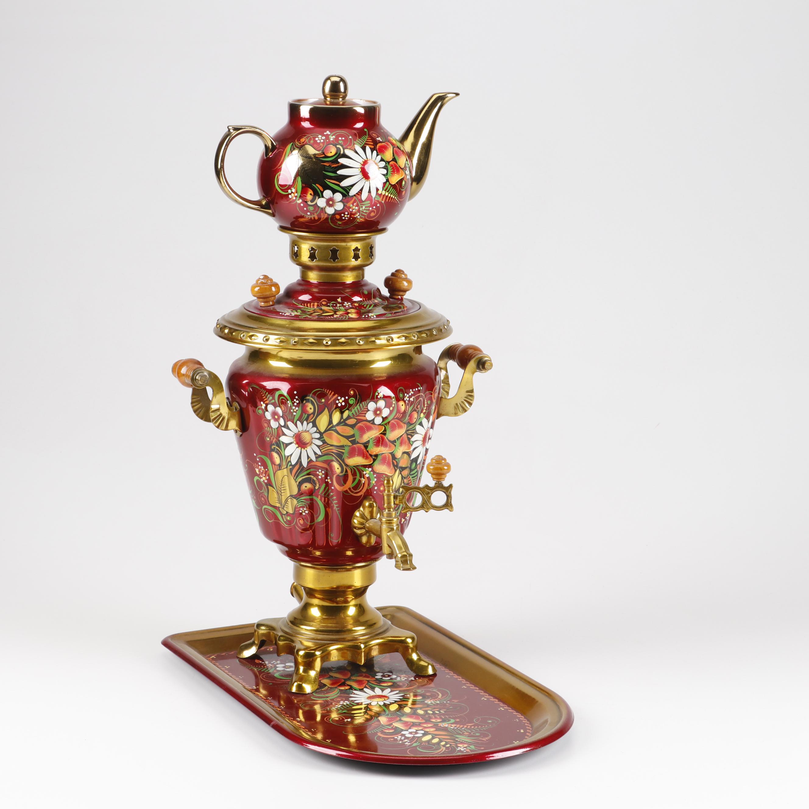 Hand-Painted Russian Samovar, Teapot, and Tray Set | EBTH
