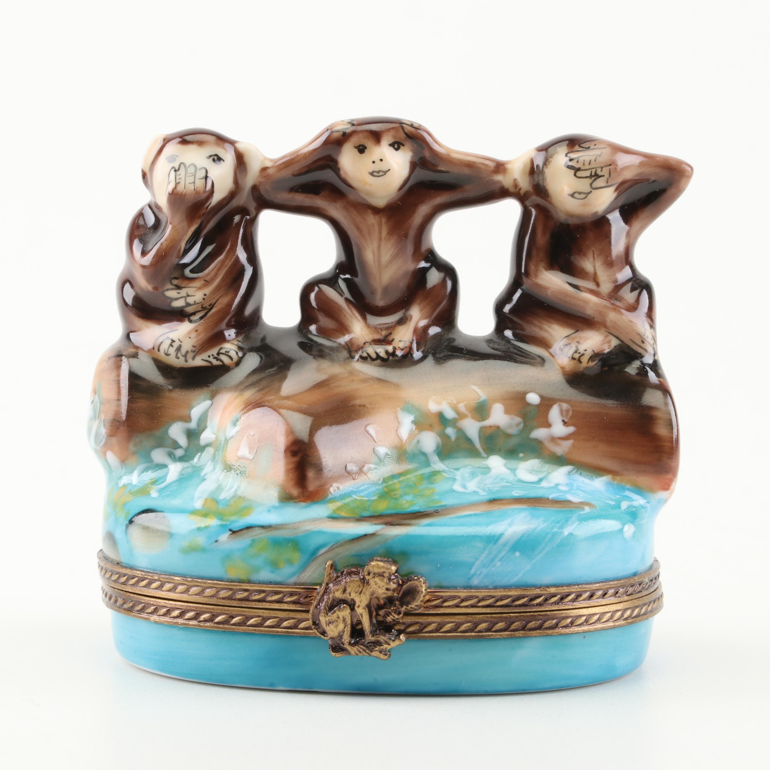 RMC Limoges Hand-Painted Porcelain Three Wise Monkeys Trinket Box | EBTH