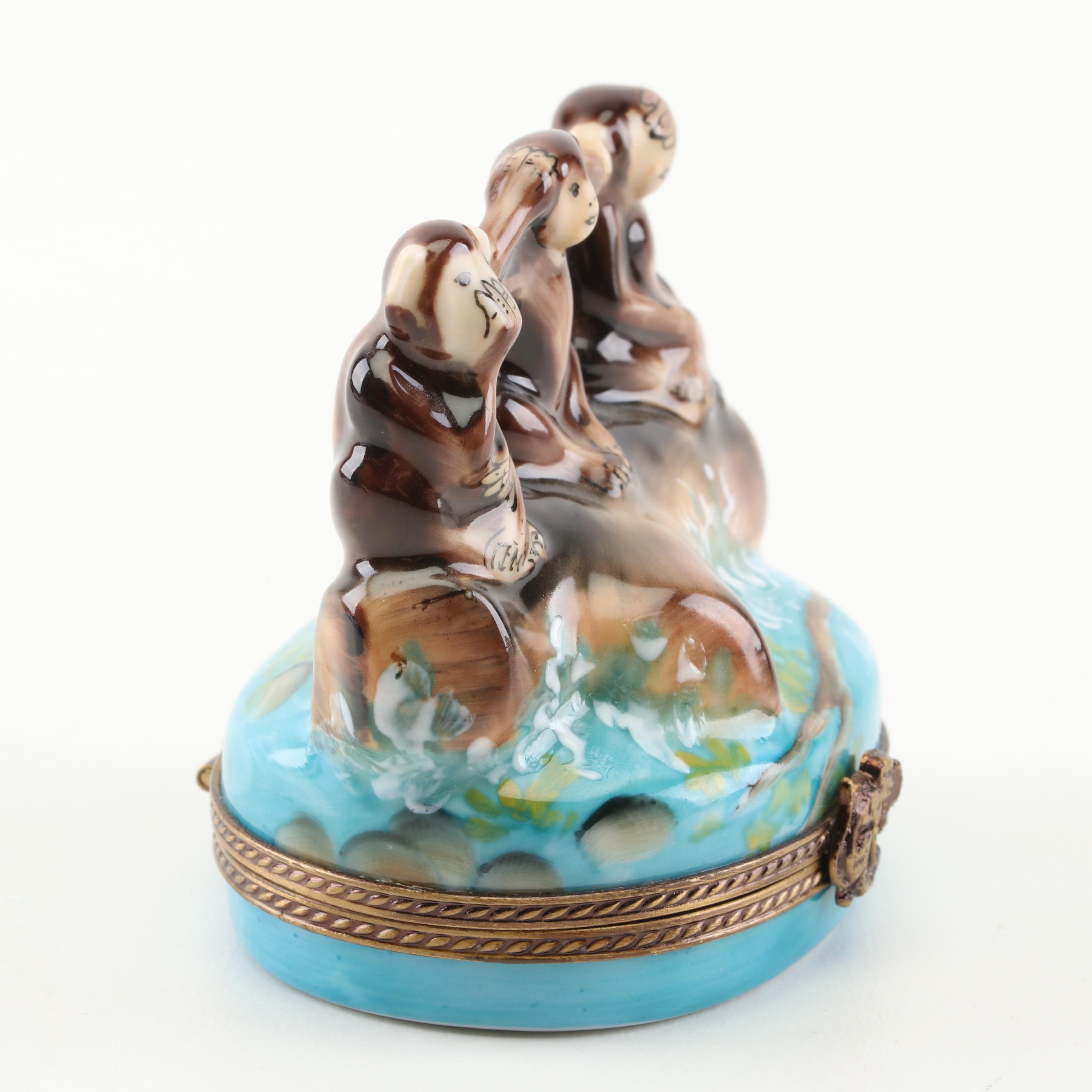 RMC Limoges Hand-Painted Porcelain Three Wise Monkeys Trinket Box | EBTH