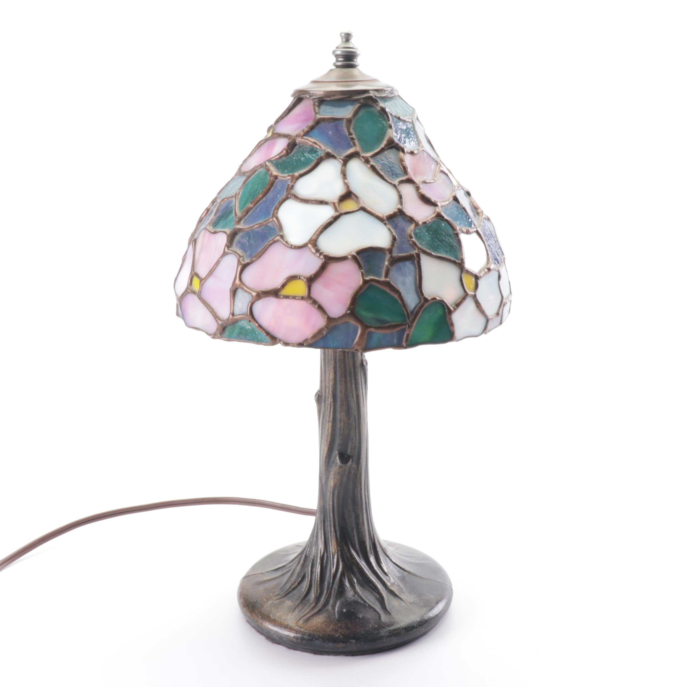 "Tiffa-Mini" Cast Metal Tree Form Boudoir Lamp with Slag Glass Shade | EBTH