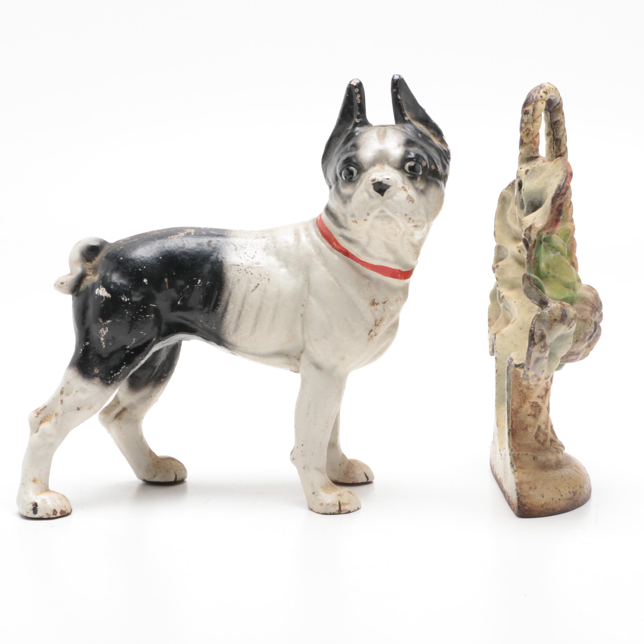 Hubley Style Cast Iron Floral Basket and Boston Terrier Doorstops | EBTH