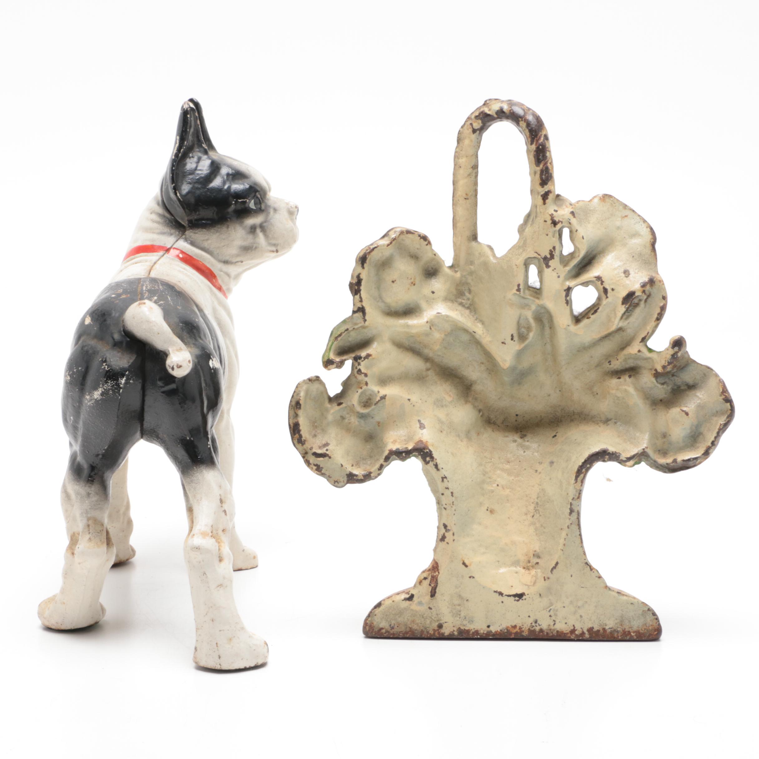 Hubley Style Cast Iron Floral Basket and Boston Terrier Doorstops | EBTH