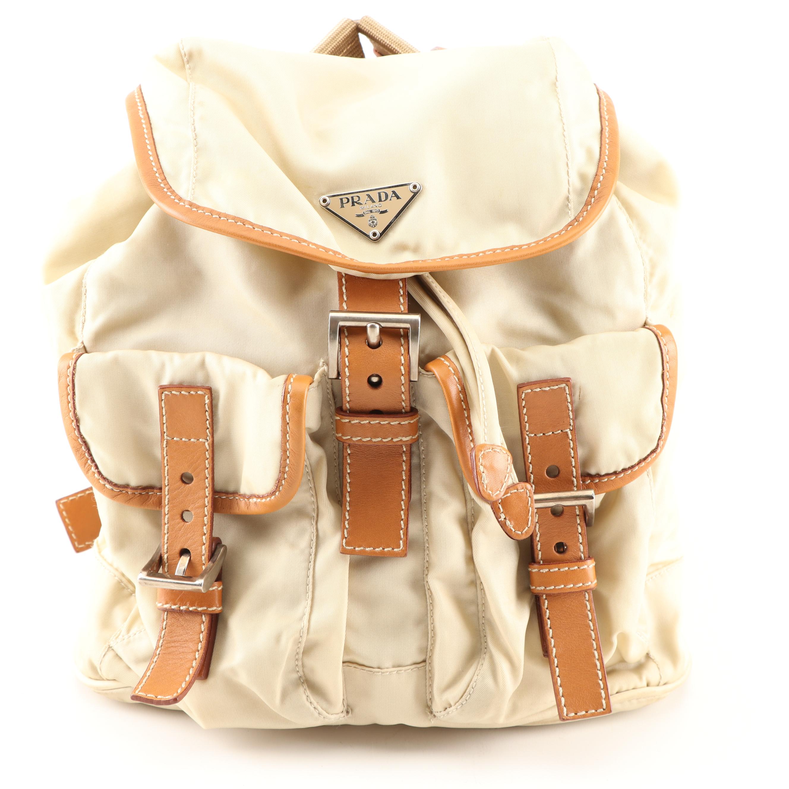 Prada Nylon and Leather Backpack in Cream and Tan Leather | EBTH