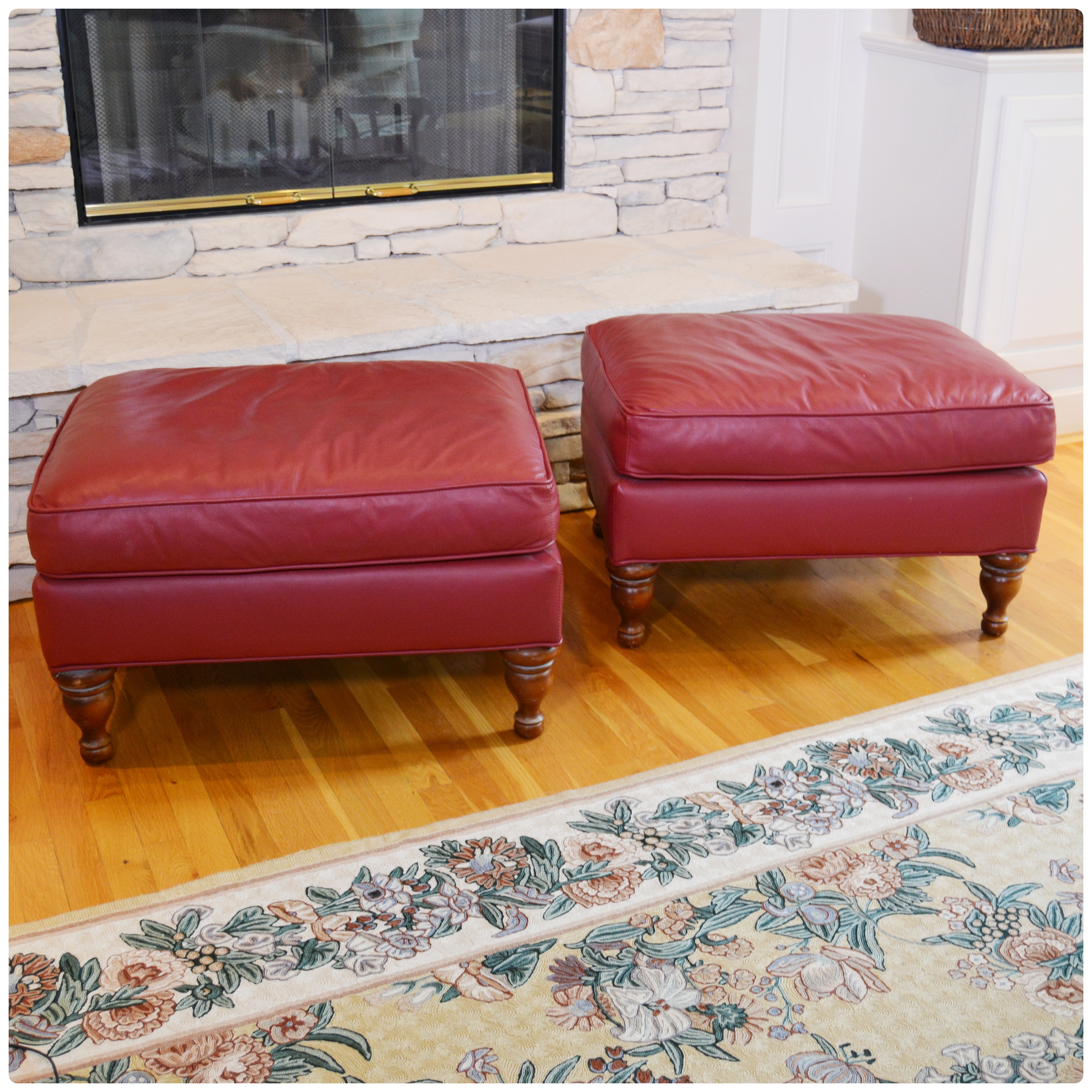 Pair of Red Leather Ottomans, Contemporary | Everything But The House