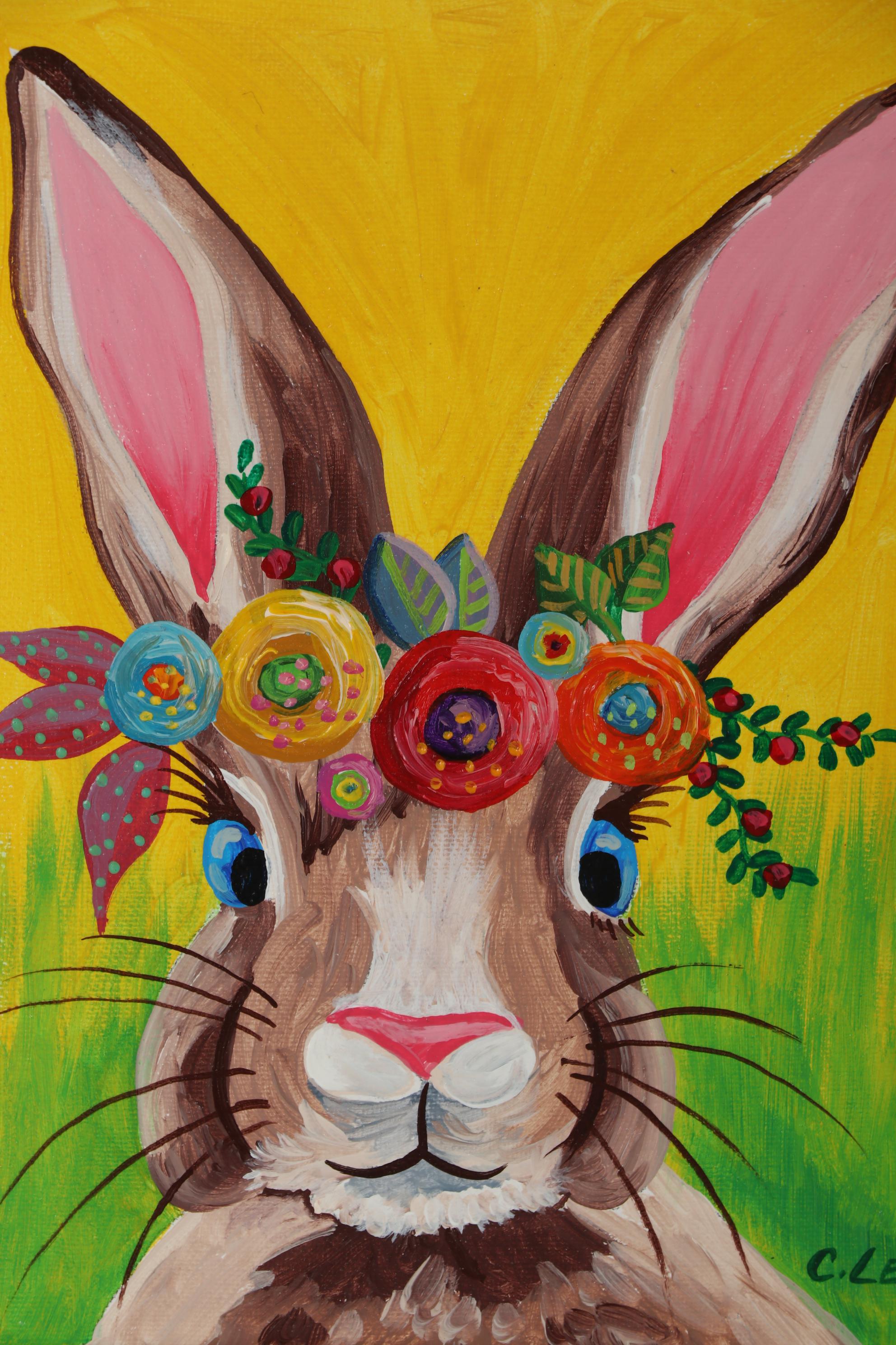 Cathy Lees Acrylic Painting "Rabbit Wearing Flower Crown" | EBTH