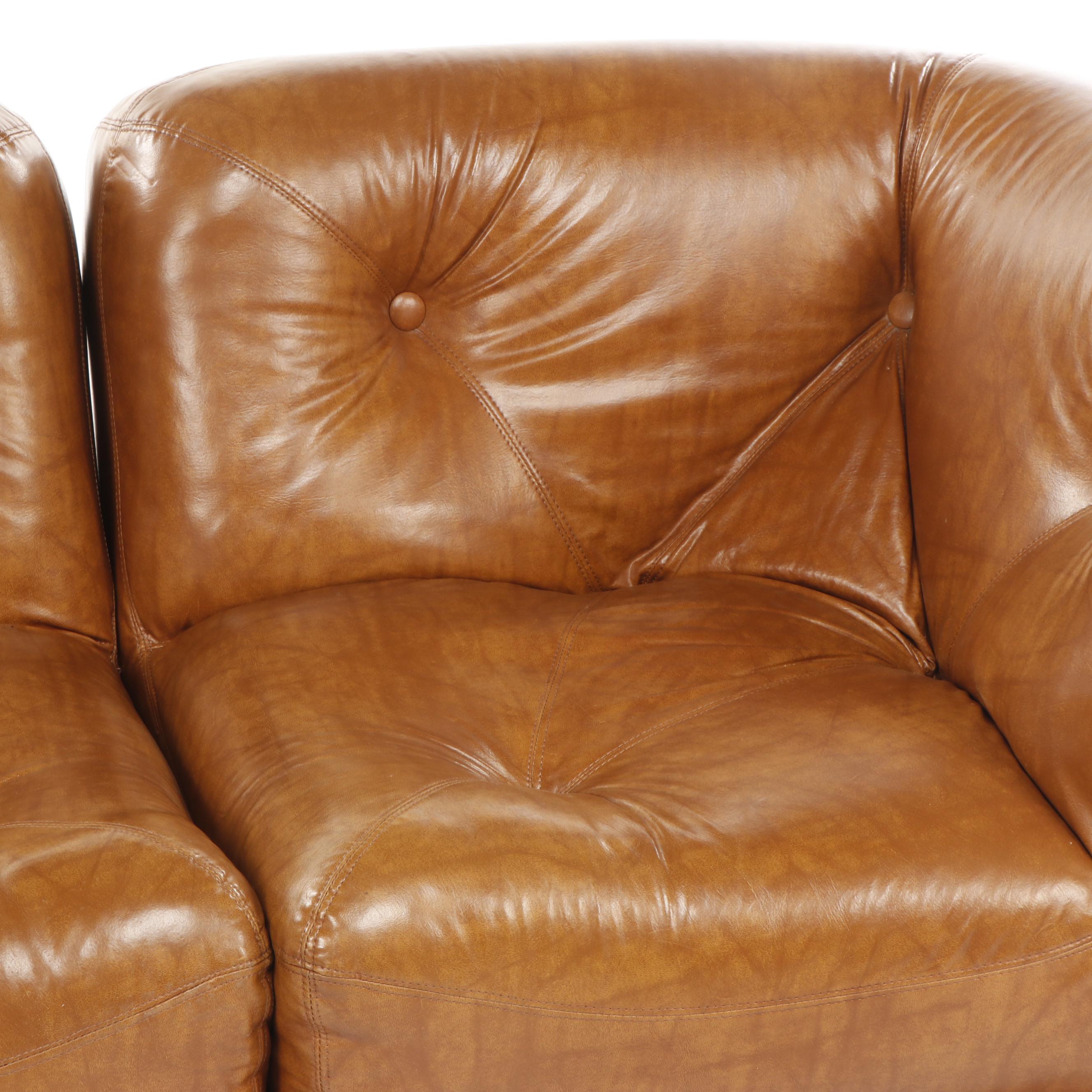 Pair of Mid Century Modular Over-stuffed Button Tufted Tan Leather ...