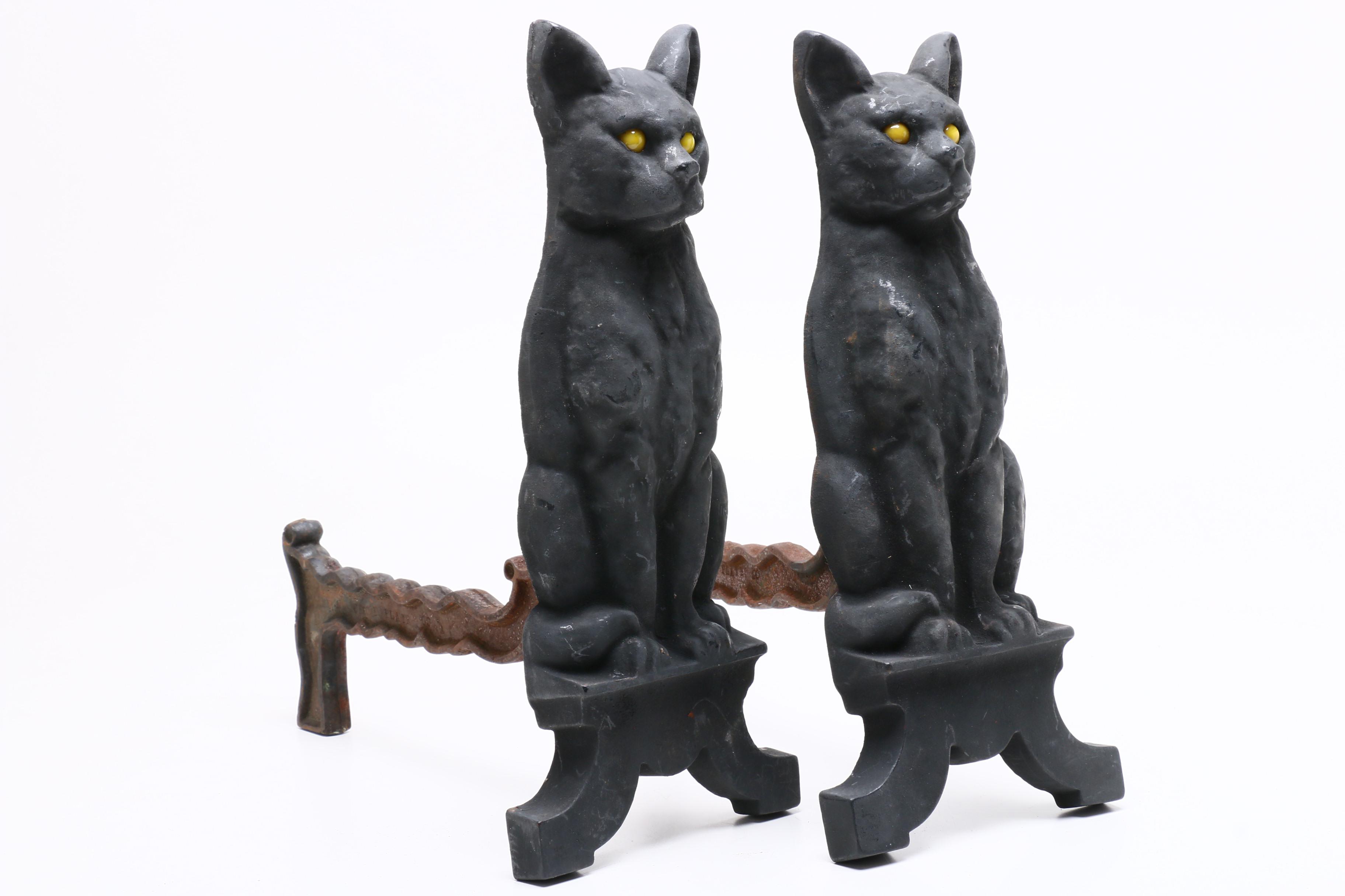 Cast Iron Fireplace Cat Andirons with Yellow Eyes, Early Twentieth ...