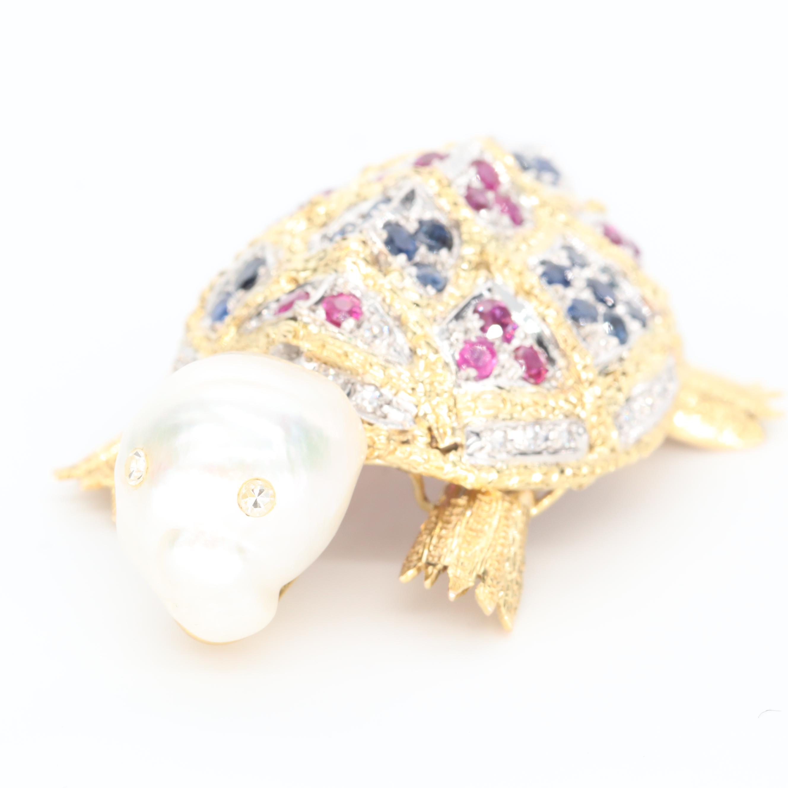 14K Gold Multi-Gemstone Turtle Brooch with Articulated Feet and Tail | EBTH