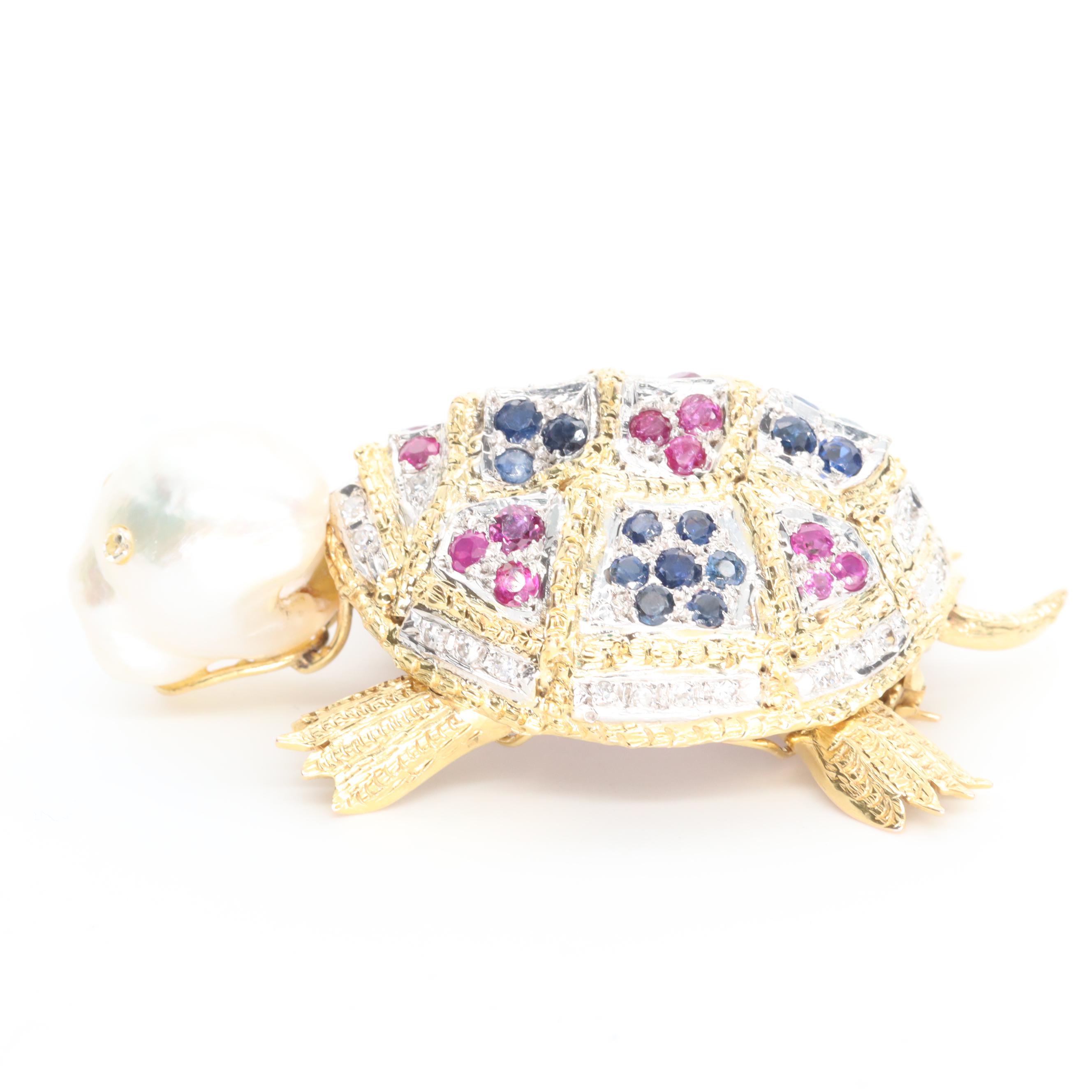 14K Gold Multi-Gemstone Turtle Brooch with Articulated Feet and Tail | EBTH
