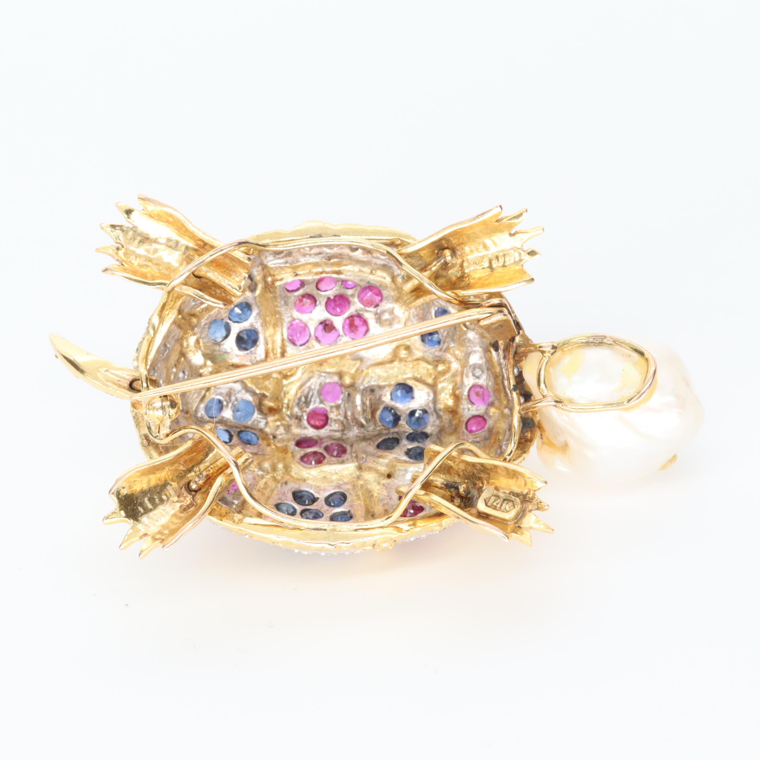 14K Gold Multi-Gemstone Turtle Brooch with Articulated Feet and Tail | EBTH