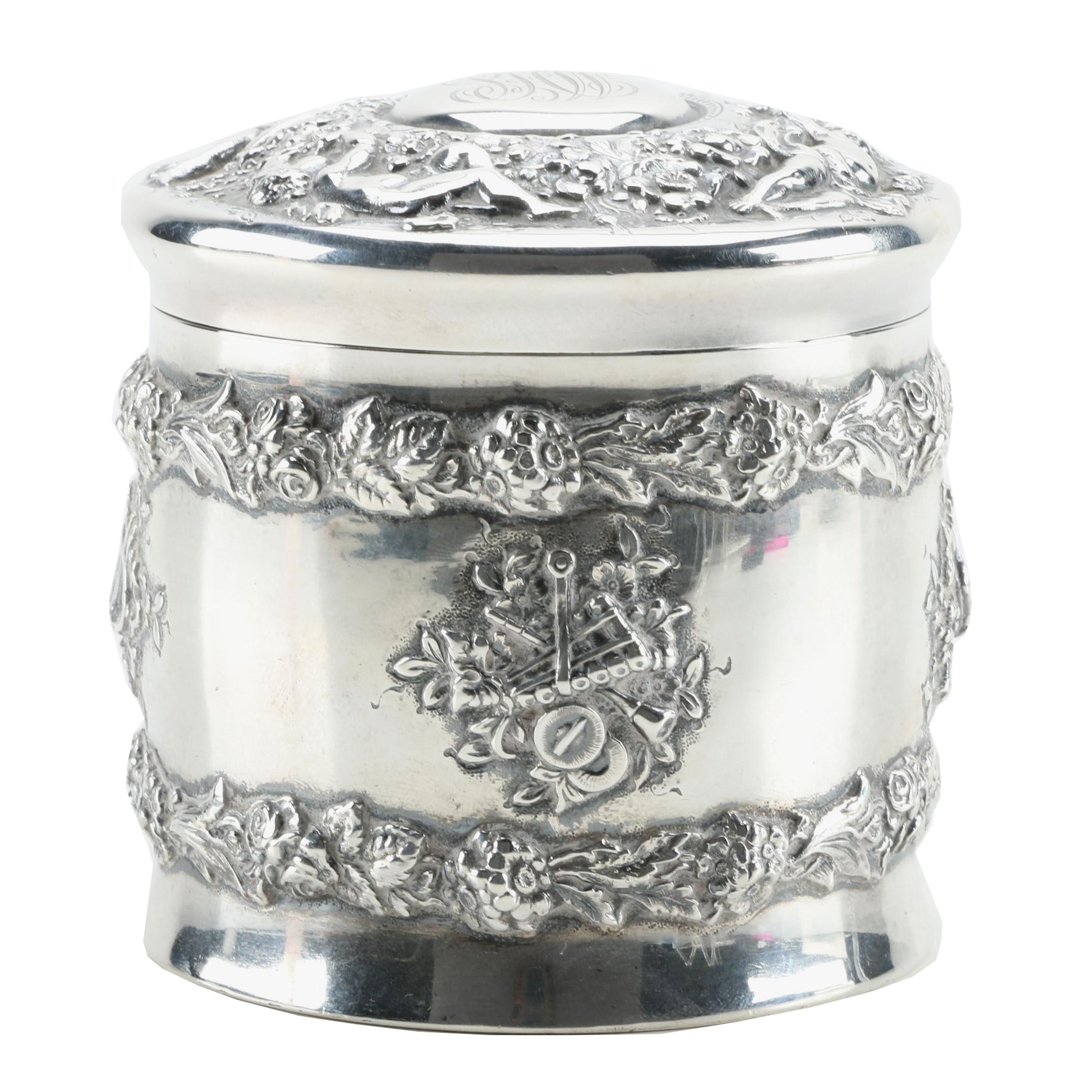 Tiffany & Co. Repoussé Sterling Silver Tea Caddy with Cherub Motif, 1892 - 1902 | Everything But ...